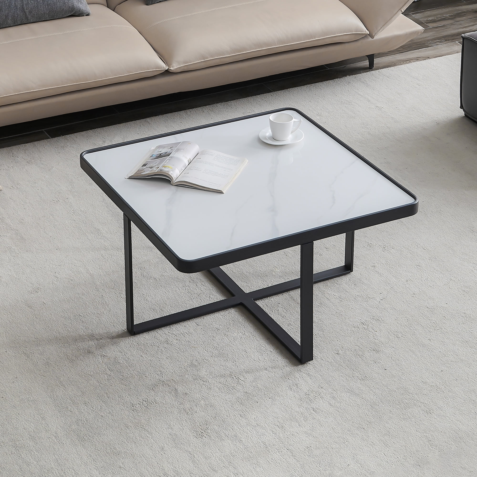 Minimalism Square coffee table,Black metal frame with sintered stone ...
