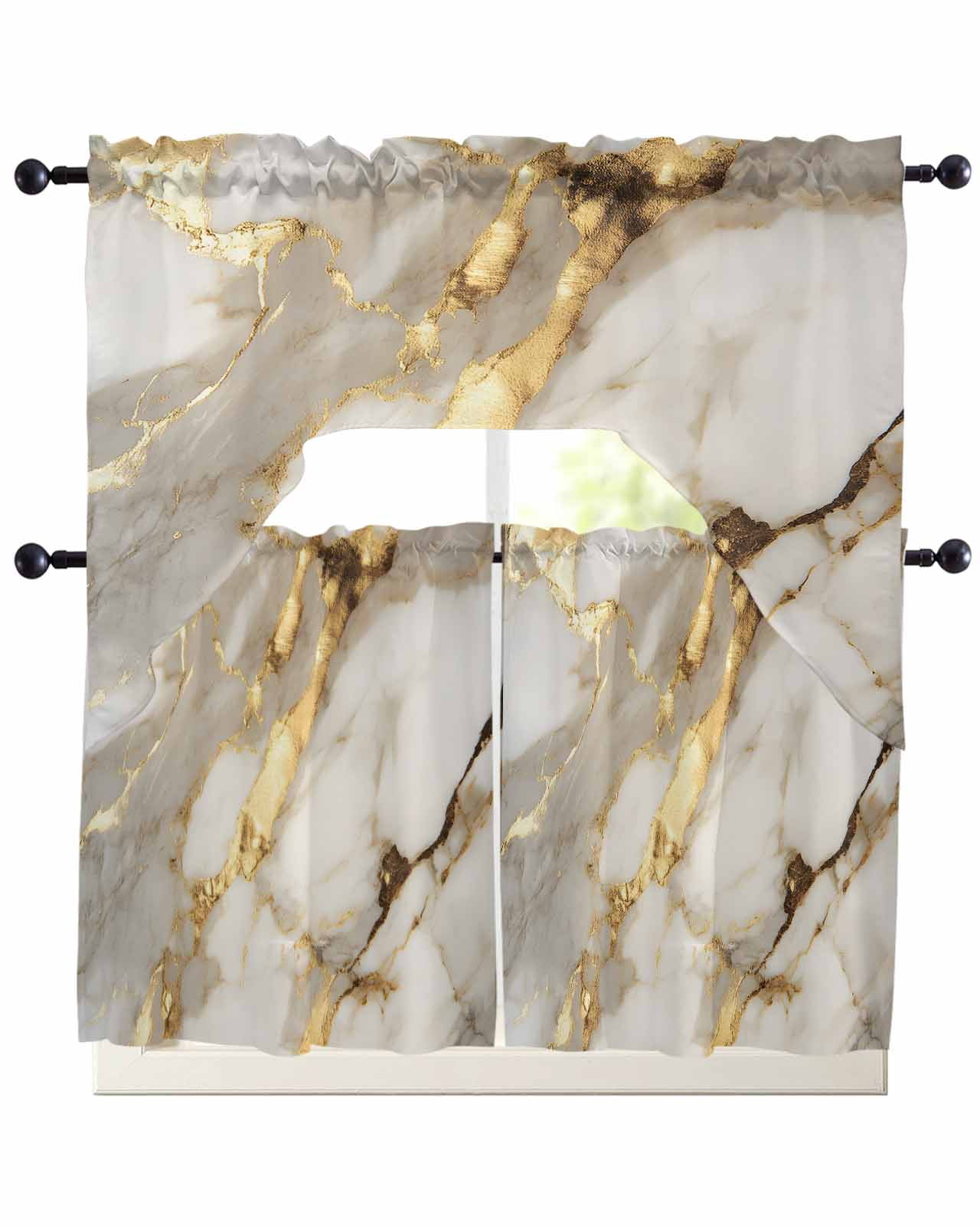 Minimalism Swag Valance and Tier Curtains Set Marble Texture Gold White ...