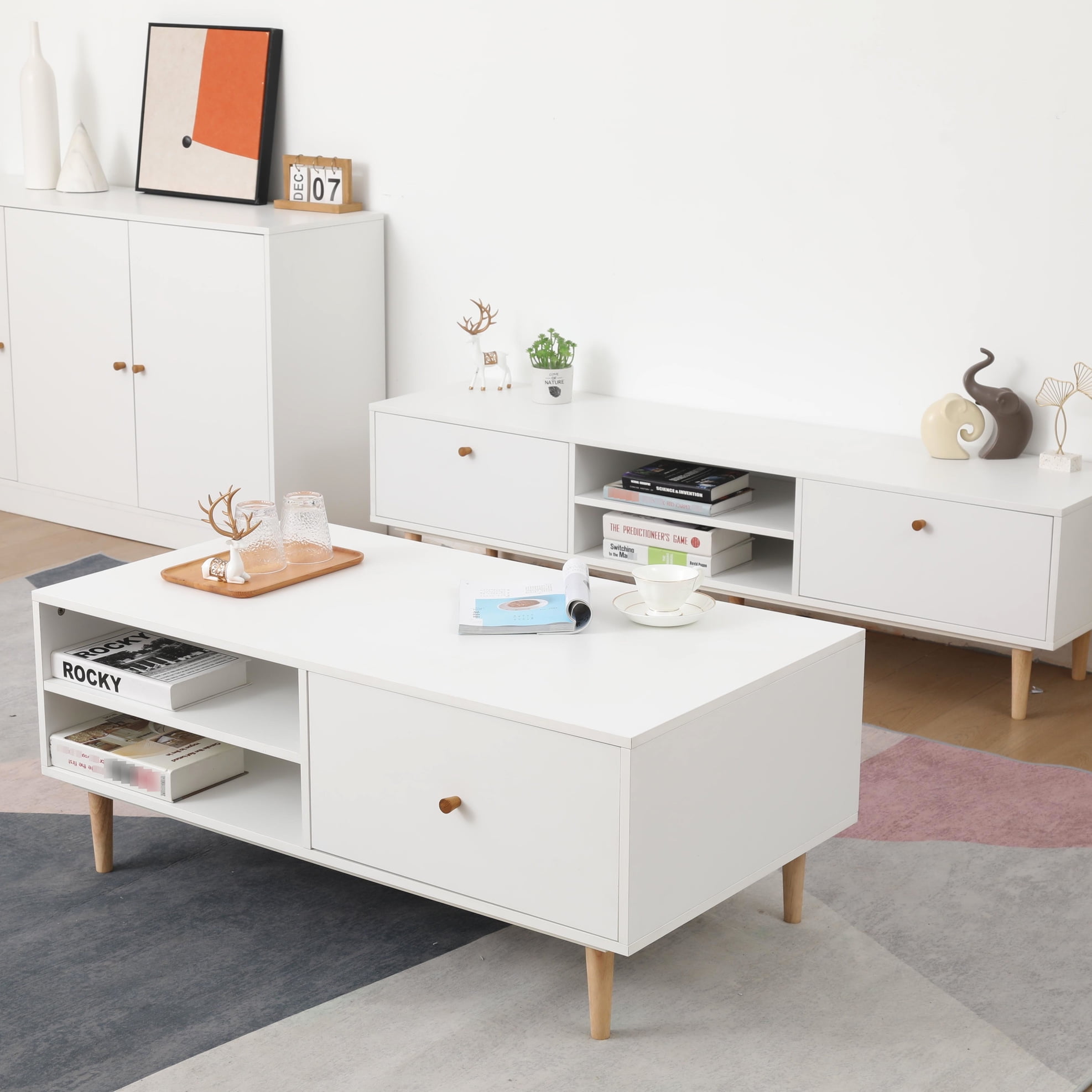 Minimalist 2 Coffee Table, 44" W X 23.6" D 17" H, White, Solid Wood ...