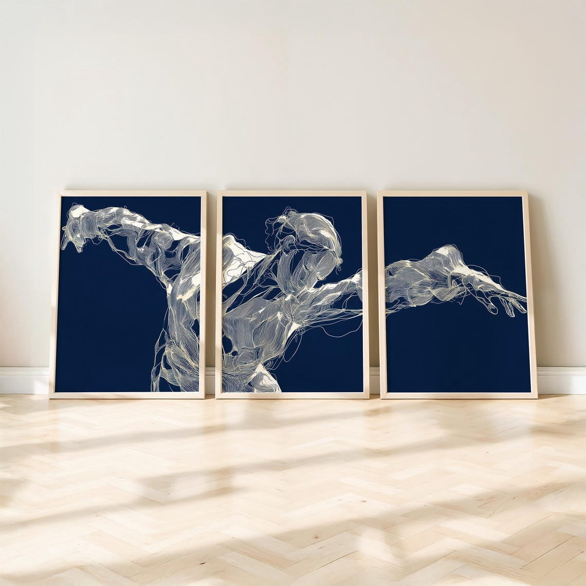 Minimalist Abstract Wall Art Modern Line Drawing Navy Blue Triptych Set ...