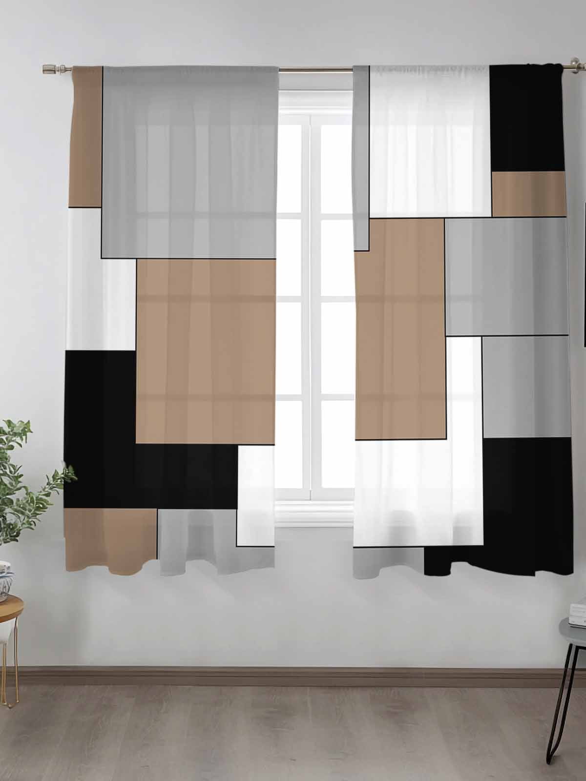 Minimalist Art Geometric Check Color Blocks Chiffon Sheer Curtains 72 ...