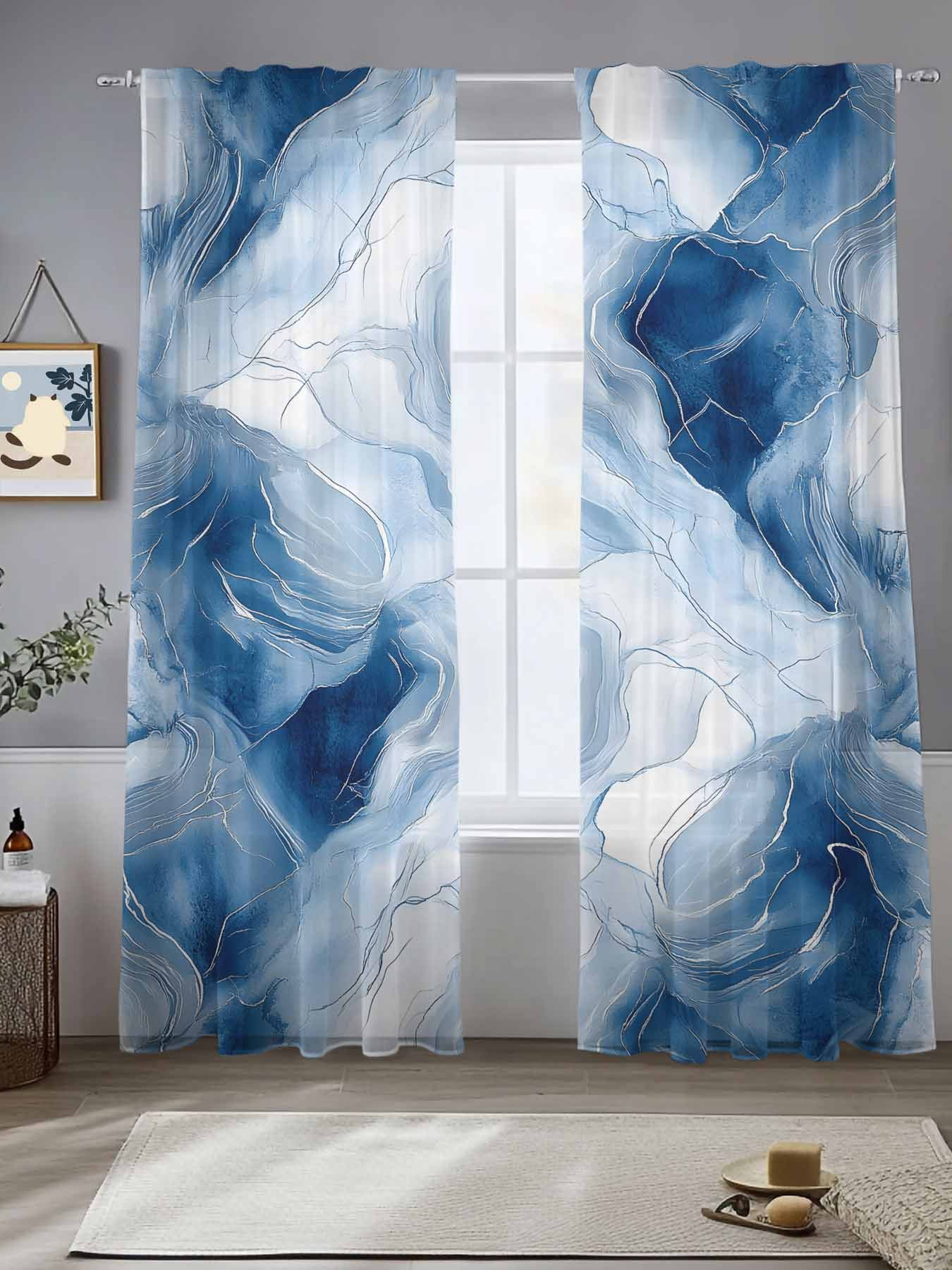 Minimalist Art Sheer Curtains 96 Inches Long 2 Panels Blue Abstract ...