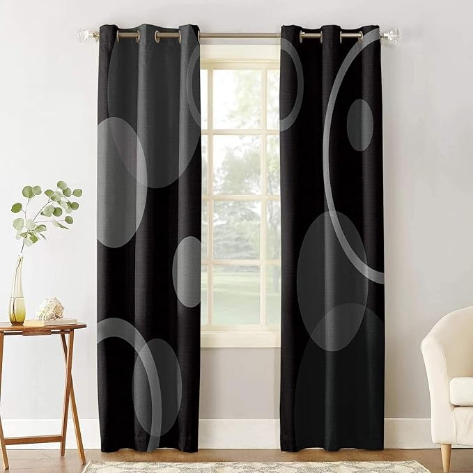 Minimalist Art White Circle Blackout Grommet Curtains, Black Polka Dots ...