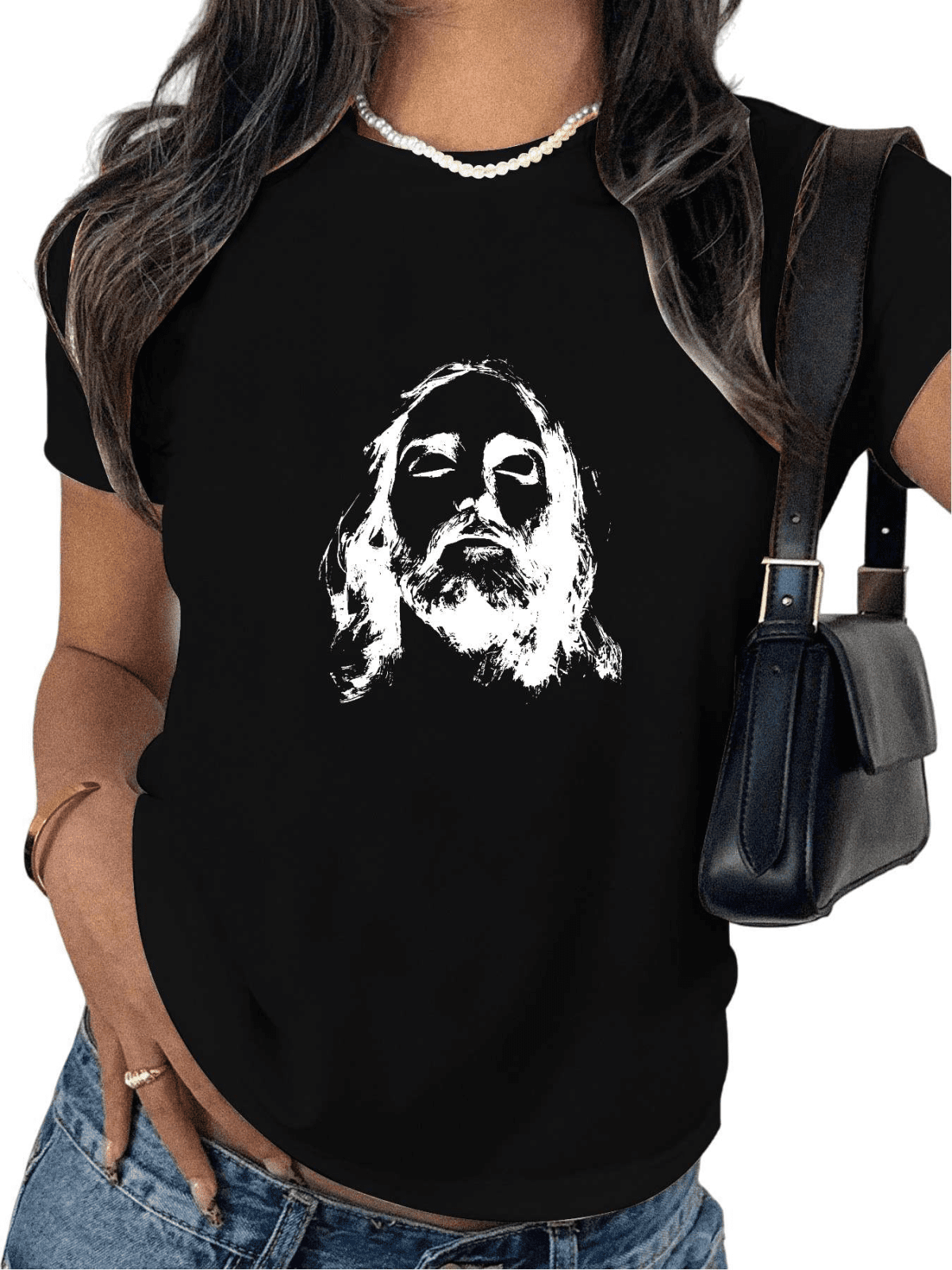 Minimalist Artistic Portrait Graphic Tees Black Base Single Sided Print ...