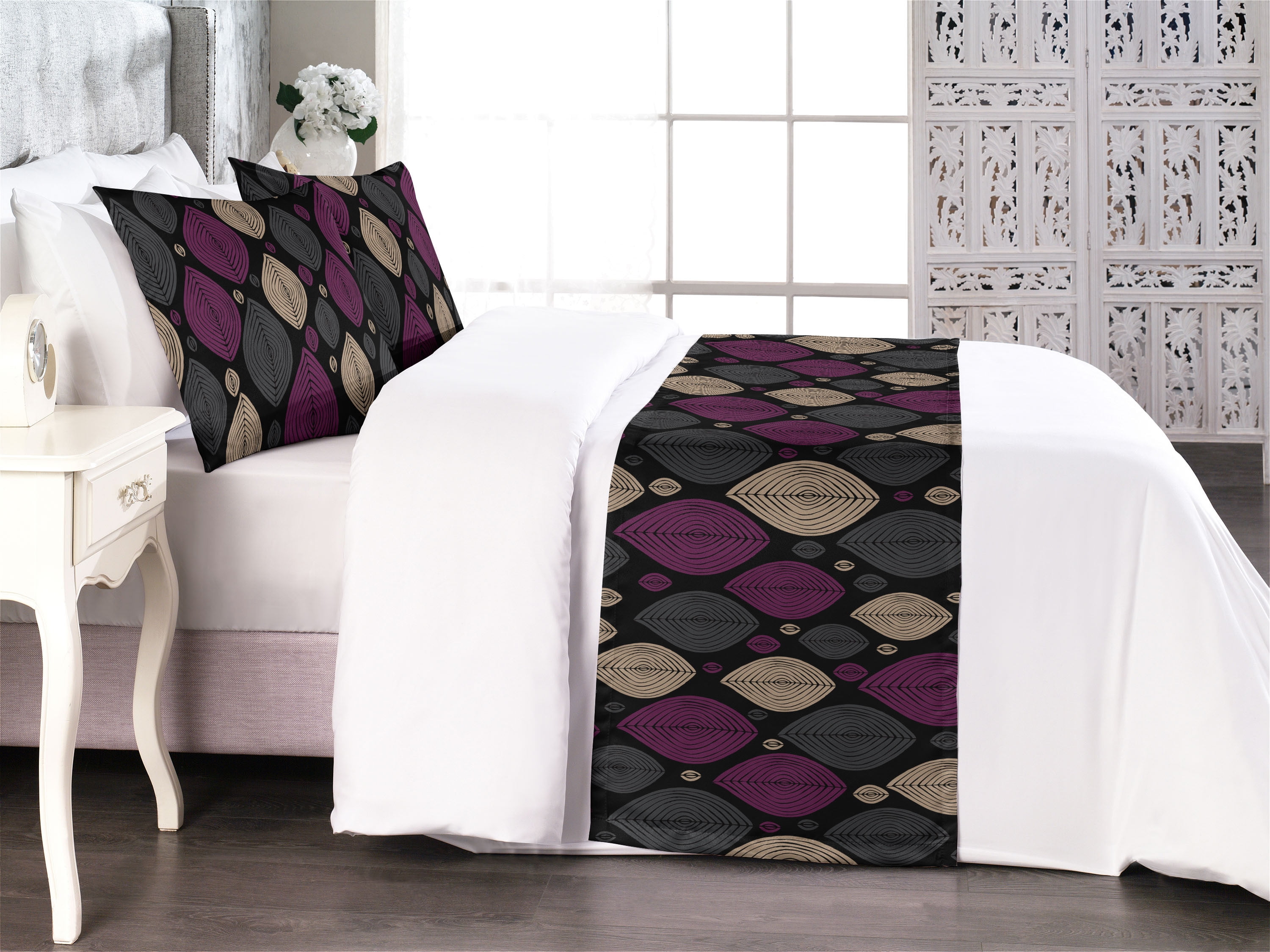 Minimalist Bed Runner Set, Geometric Design Leaves Looking Oval Shapes ...