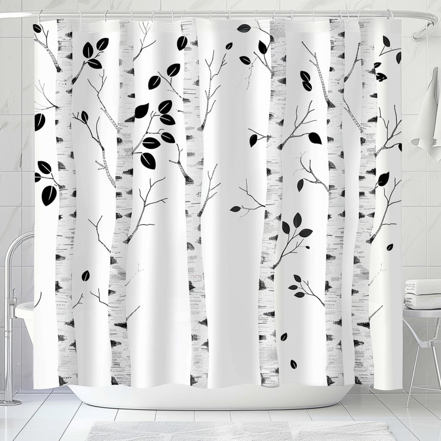 Minimalist Birch Tree Shower Curtain Design White Grey Black Leaves ...
