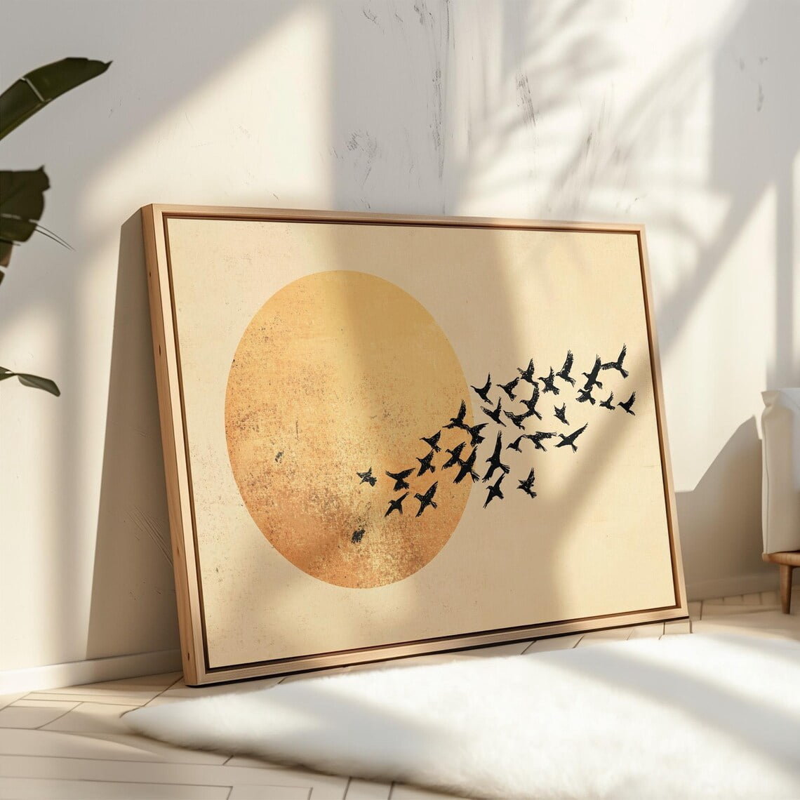Minimalist Bird Flock Print, Japanese Sunset Wall Art, Abstract Nature ...