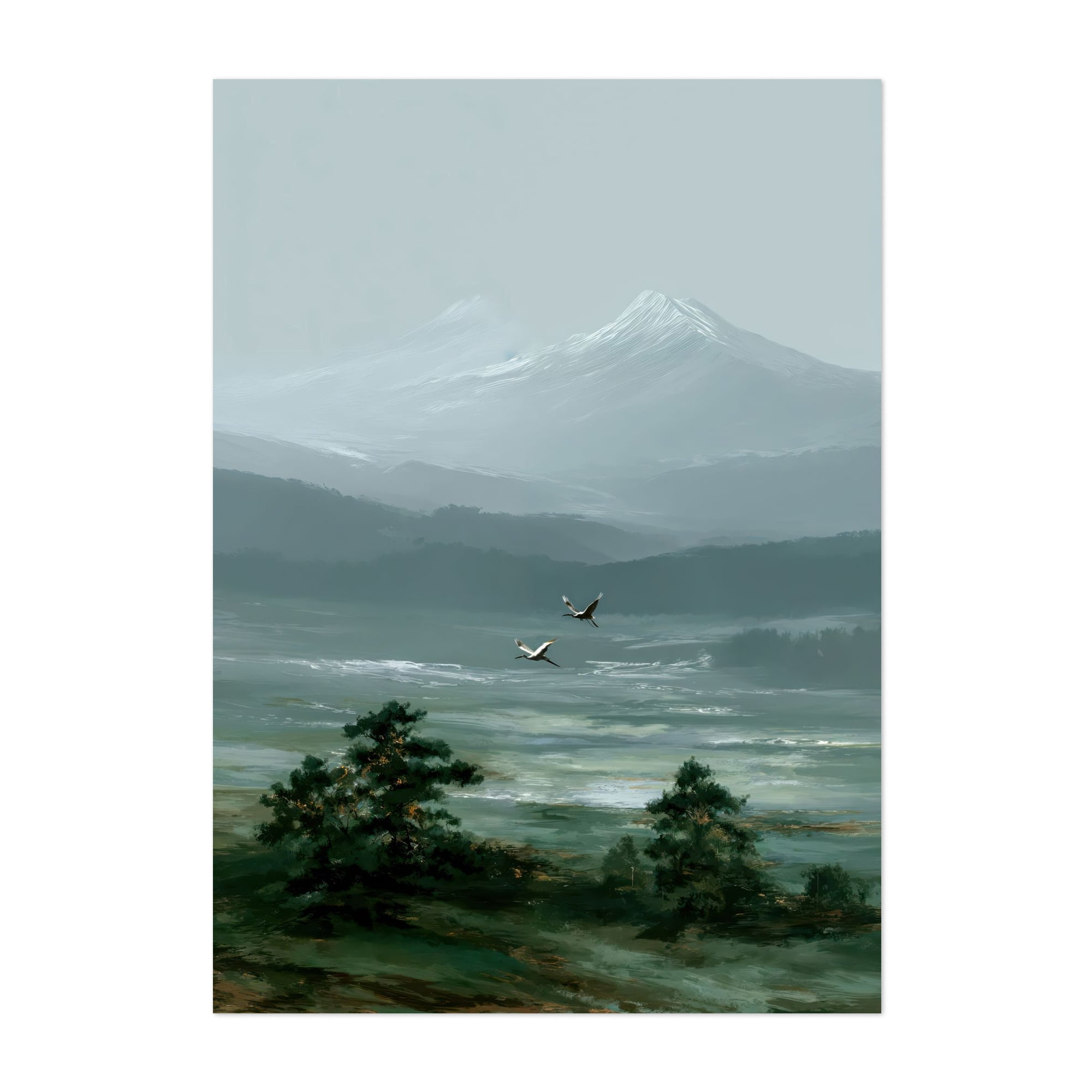 Minimalist Bird Painting Japandi Wall Art Sage Green printable Mountain ...