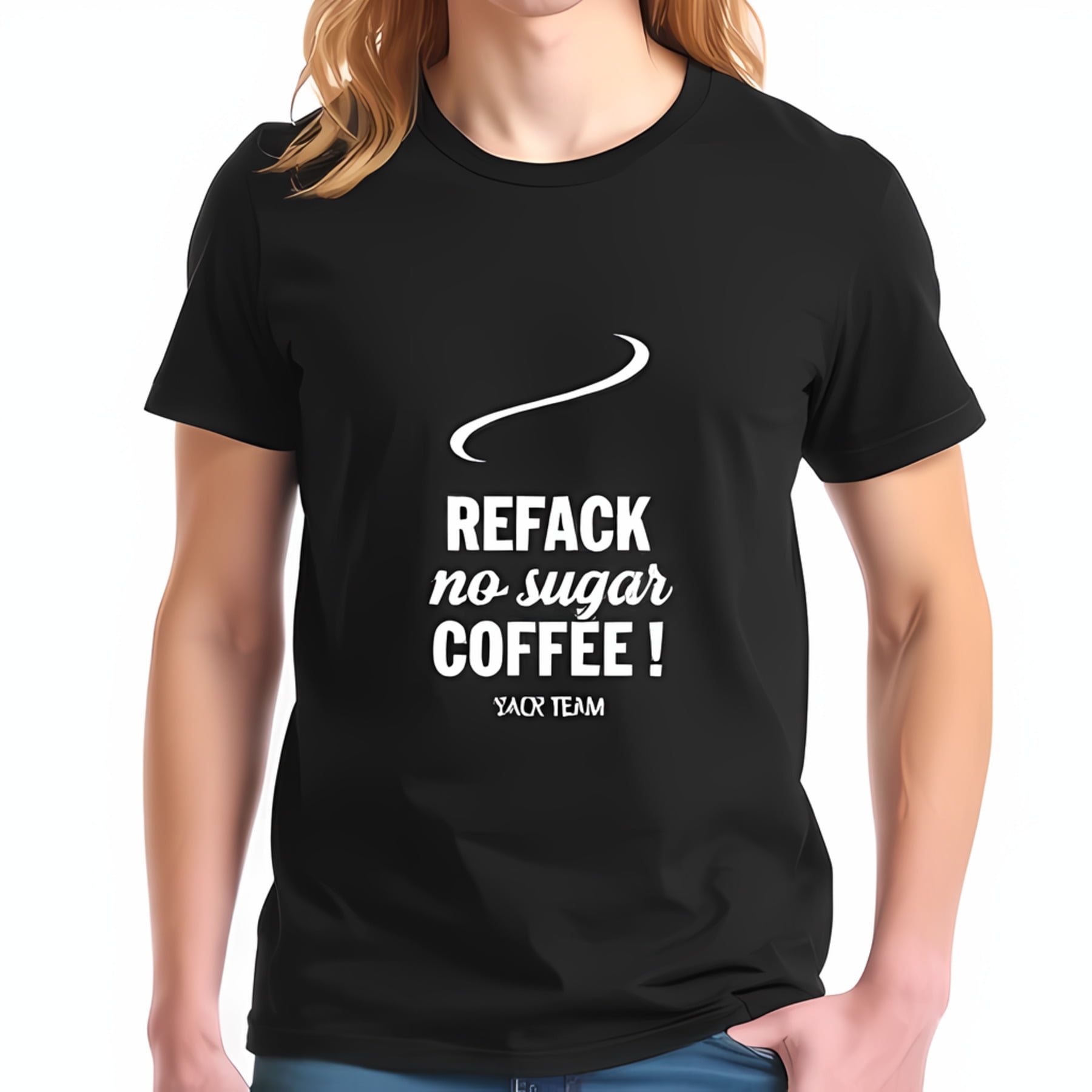 Minimalist Black Cotton Short Sleeve T-Shirt with Bold 'REFACK no sugar COFFEE ' Design & Coffee ...