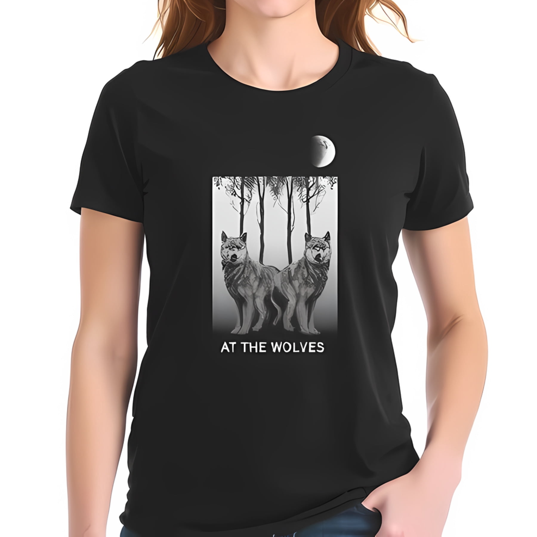 Minimalist Black Cotton Short Sleeve T-Shirt with Grayscale Wolves ...