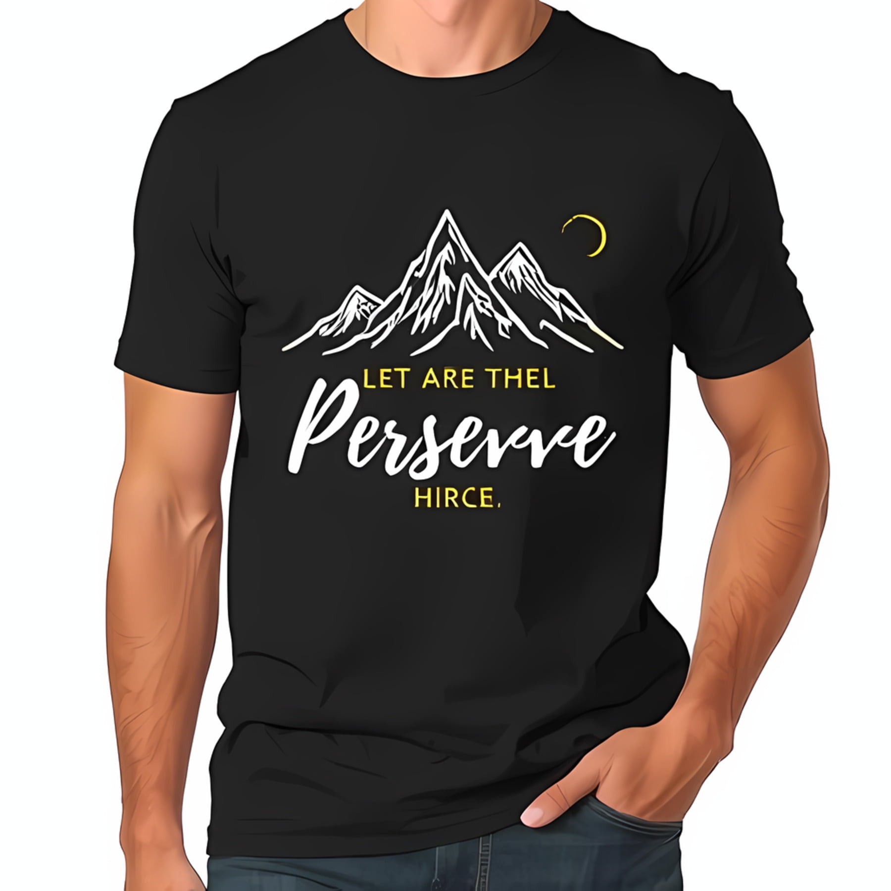 Minimalist Black Cotton Short Sleeve T-Shirt with Mountain Range and ...