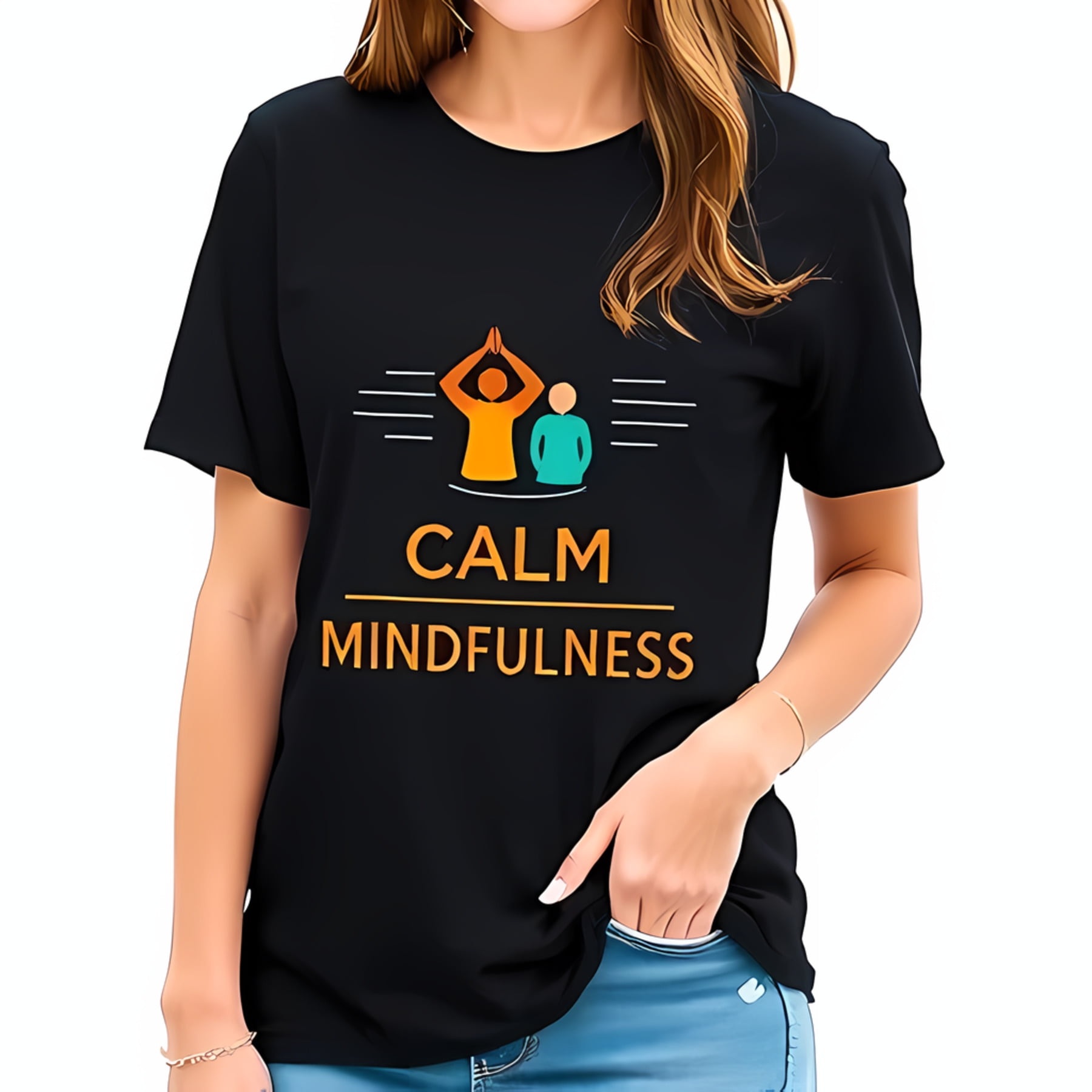 Minimalist Black Cotton Short Sleeve T-Shirt with Orange Yoga Figure ...