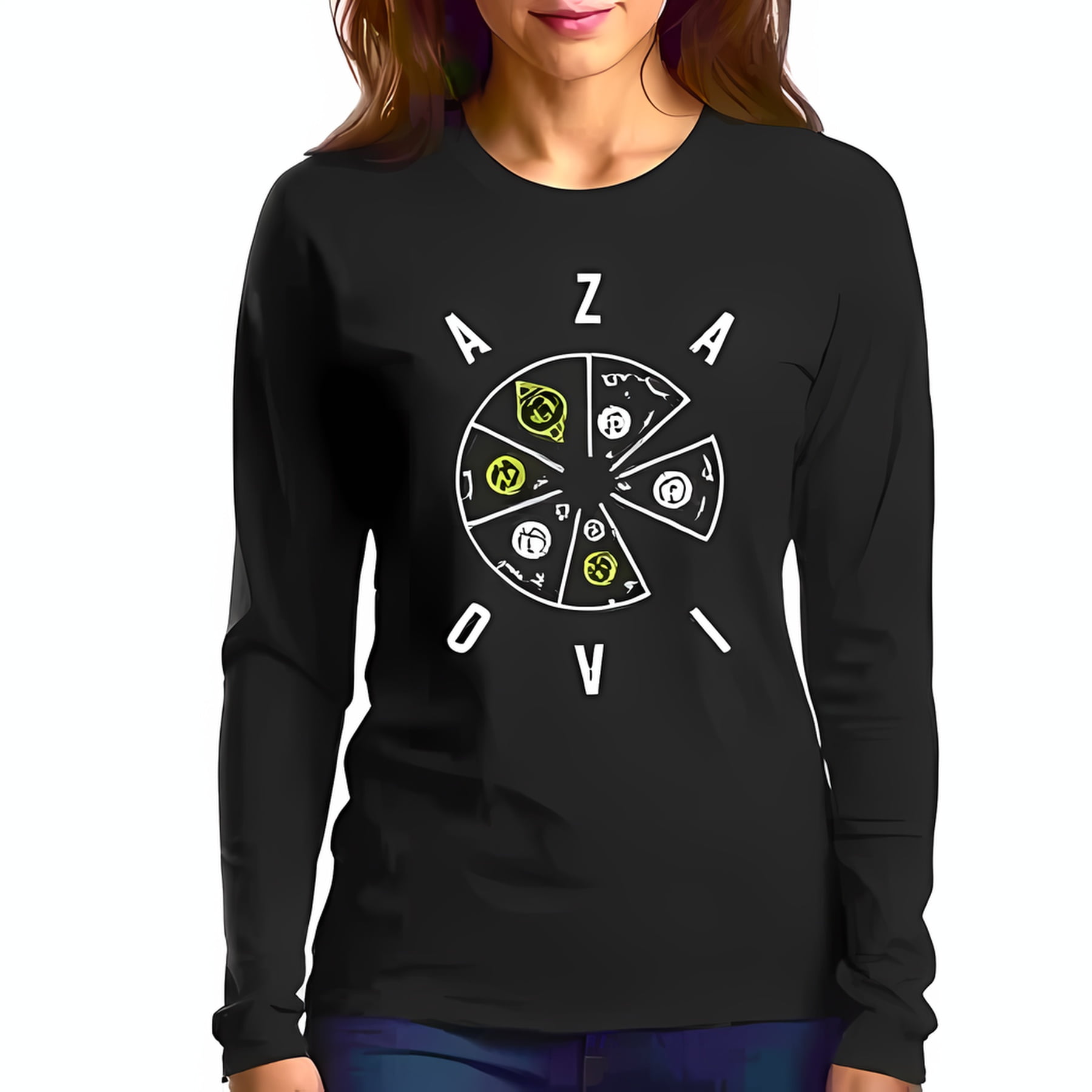 Minimalist Black Long Sleeve T-Shirt with Circular Pizza Design and ...