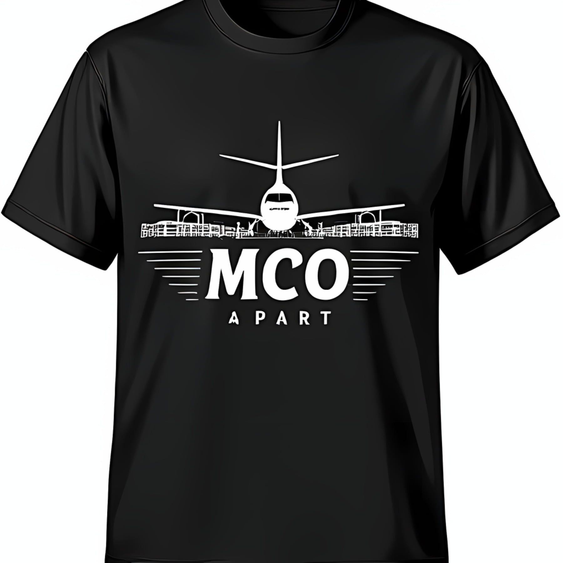 Minimalist Black T-Shirt with Airplane Graphic & MCO APART Text Travel ...