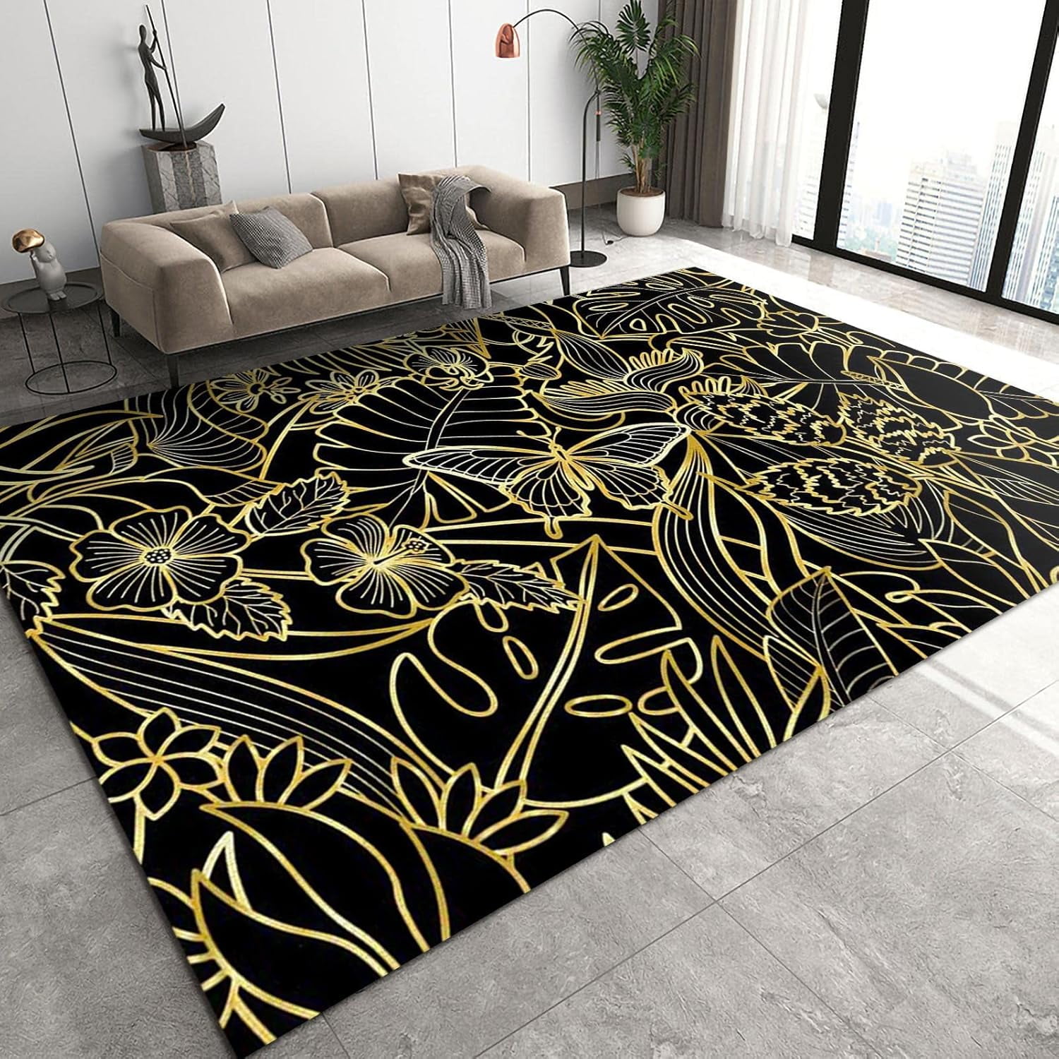 Minimalist Boho Golden Leaves Tropical Plant Butterfly Area Rugs, 4x5 ...