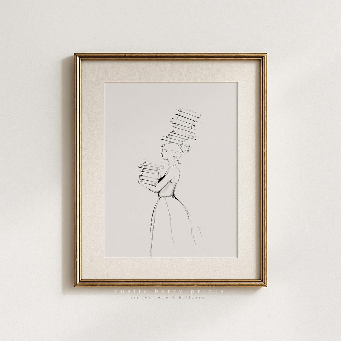 Minimalist Book Stack Woman Line Art Modern Library Poster Art ...