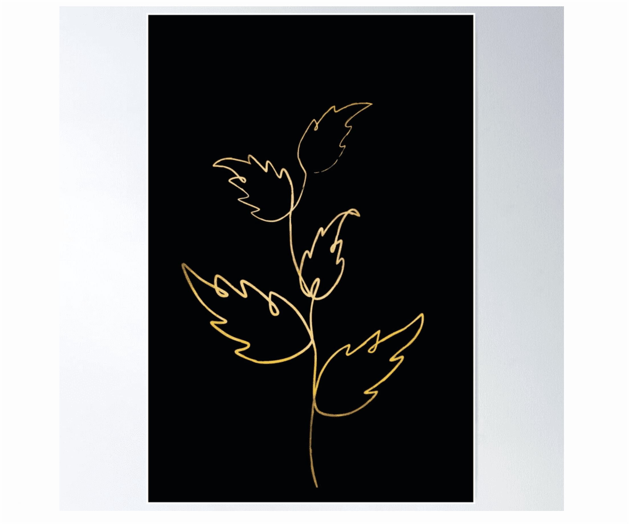 Minimalist Botanical One Line Art Abstract Yellow Leaf Drawing Black ...