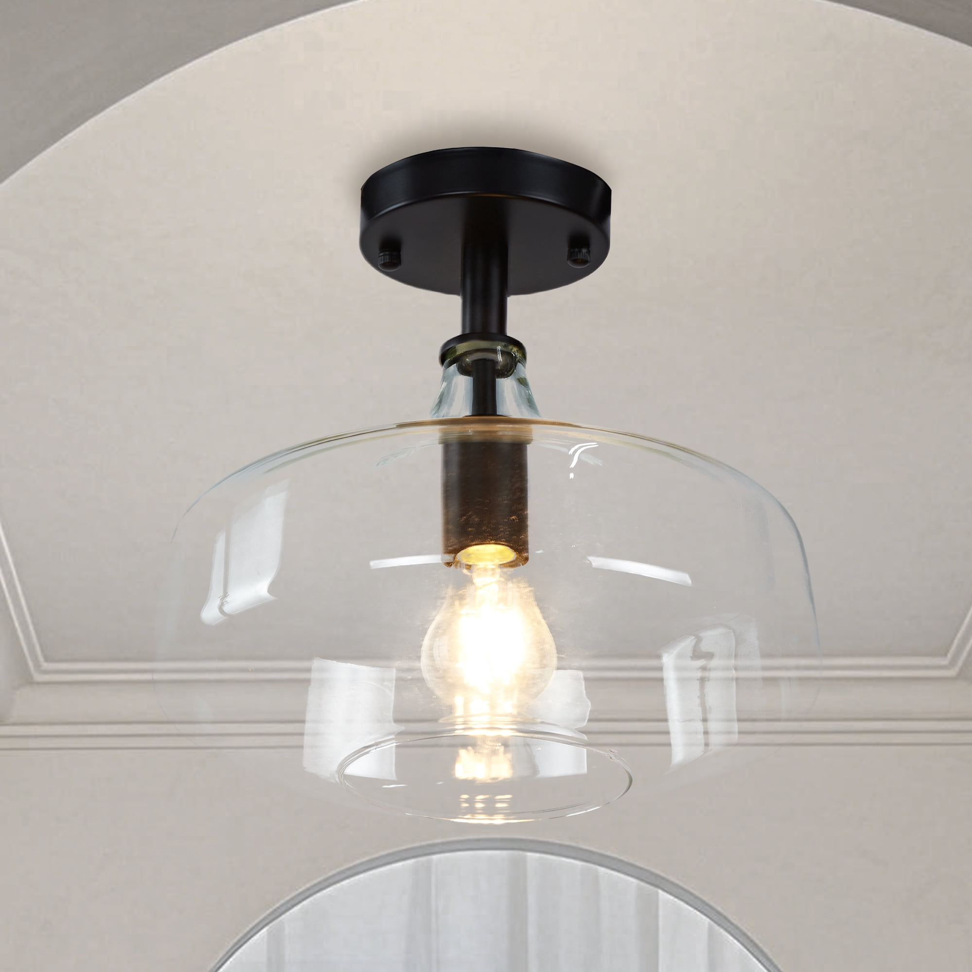 Minimalist Bowl-Shape Matte Black Metal with Glass Shade Semi Flush ...