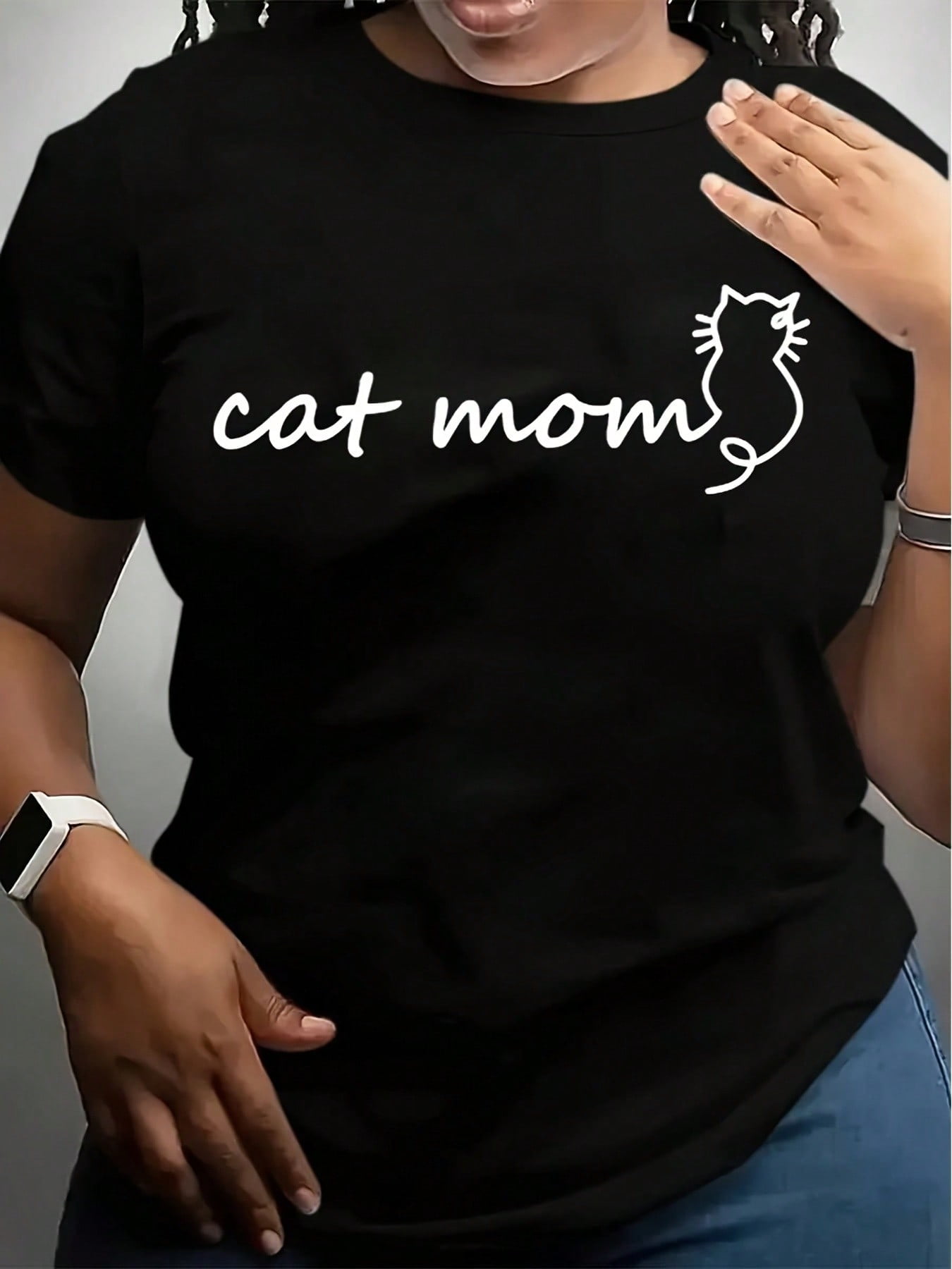 Minimalist Cat Outline Script for Women Cat Mom Graphic Cotton T-Shirt ...