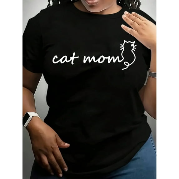 Minimalist Cat Outline Script for Women Cat Mom Graphic Cotton T-Shirt ...
