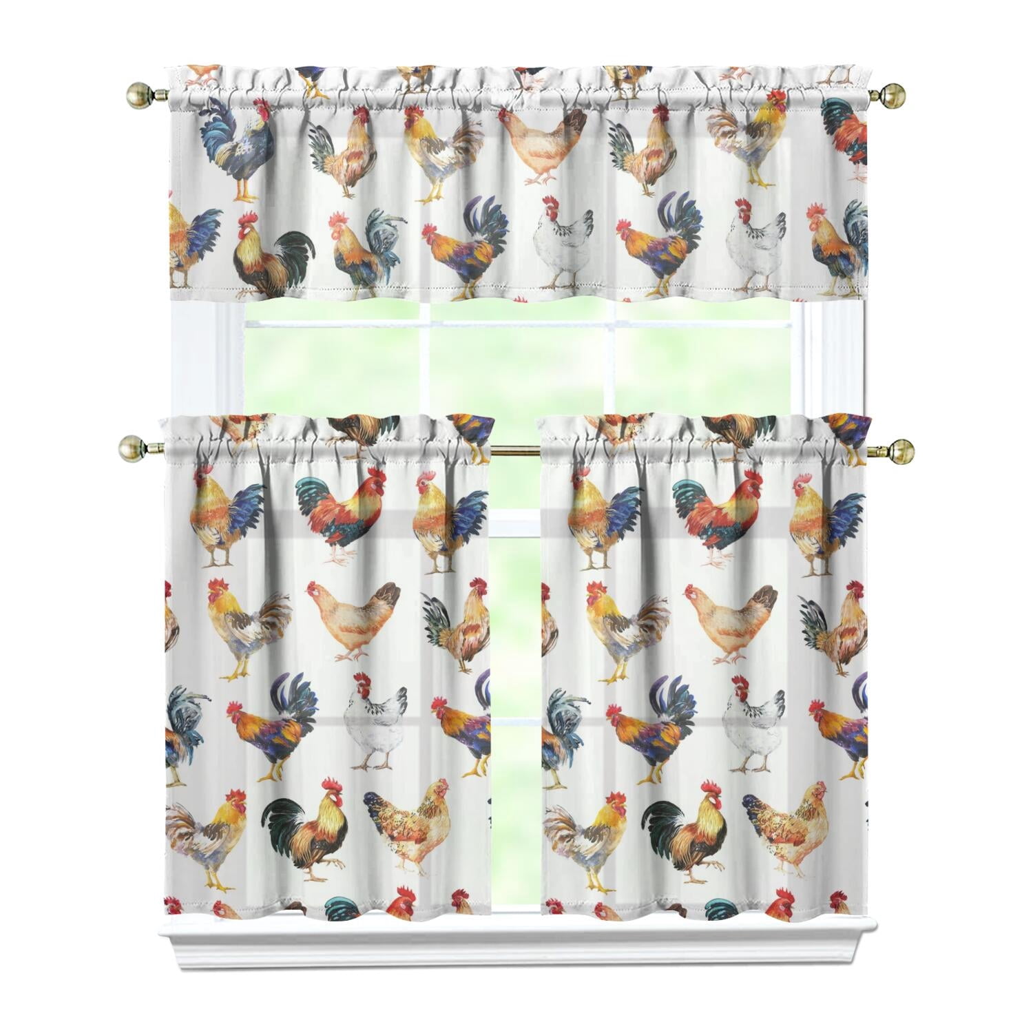 Minimalist Chicken & Geometric Print Kitchen Curtains - 3-Piece Set ...
