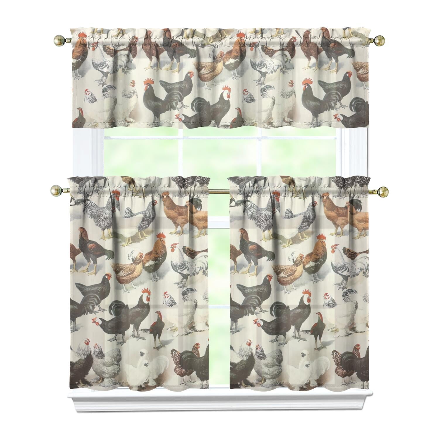 Minimalist Chicken & Geometric Print Kitchen Curtains - 3-Piece Set ...