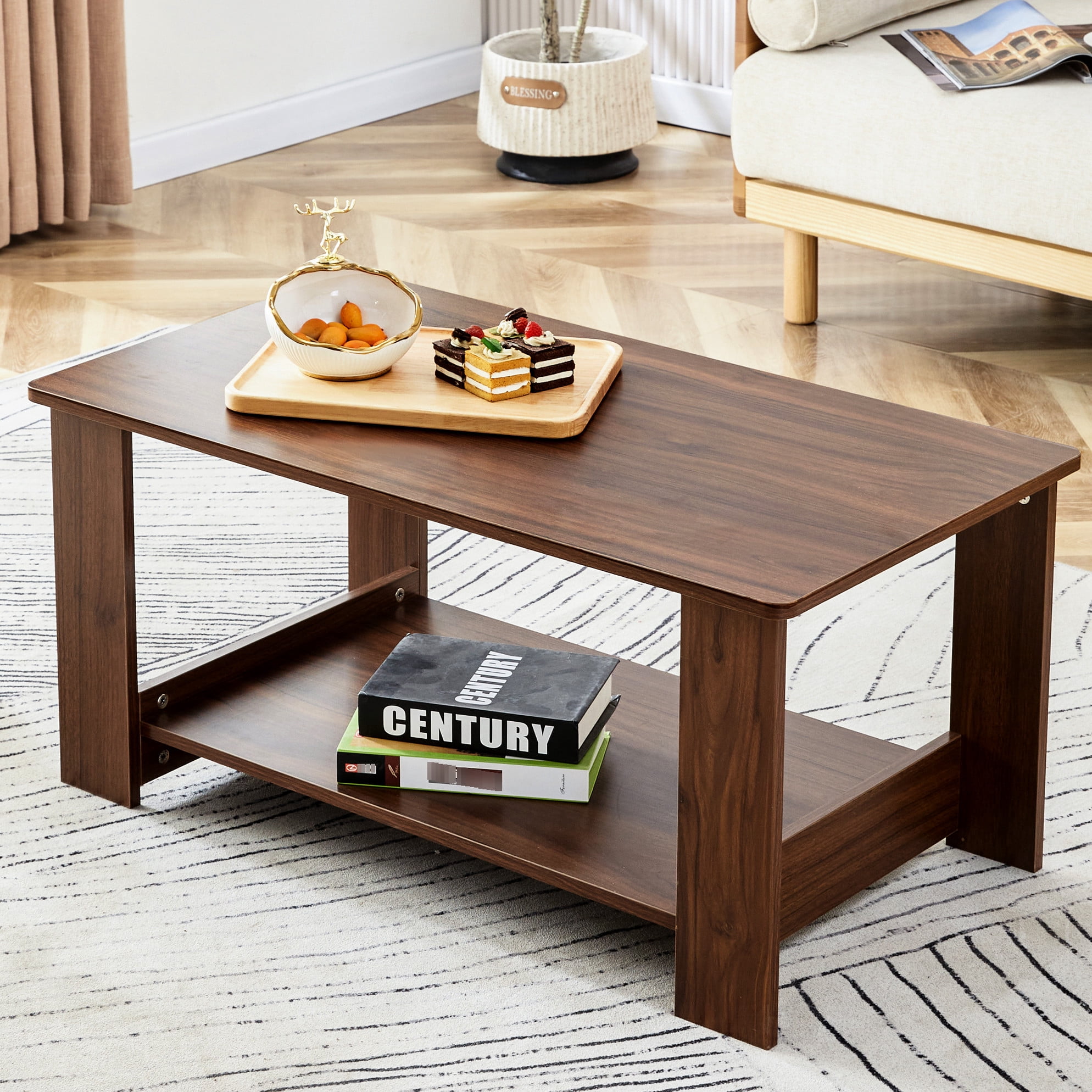 Minimalist Double Layered Rectangular Coffee Table In Walnut Color ...