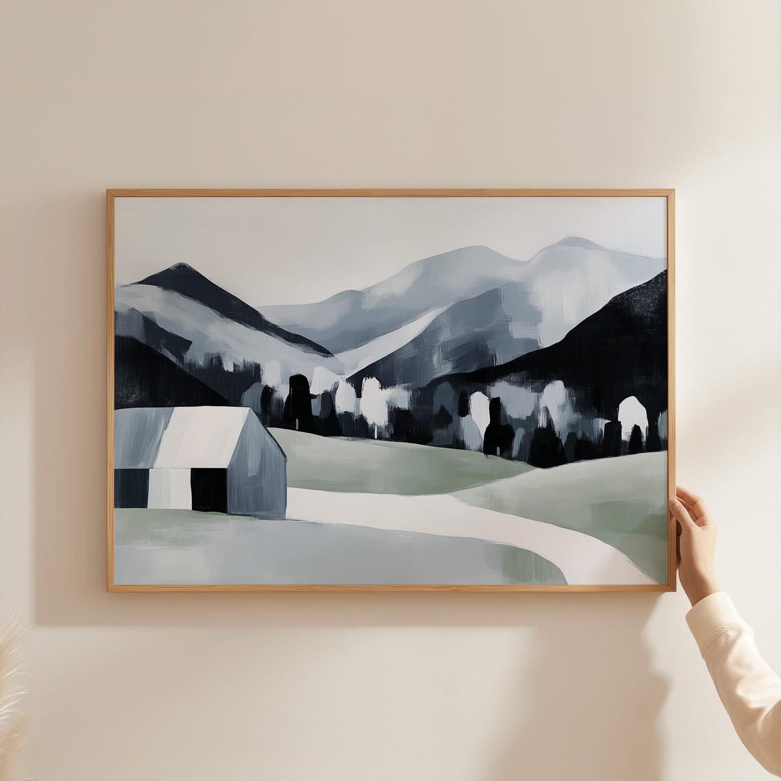 Minimalist Farmhouse Landscape Print, Black And White Barn Art ...