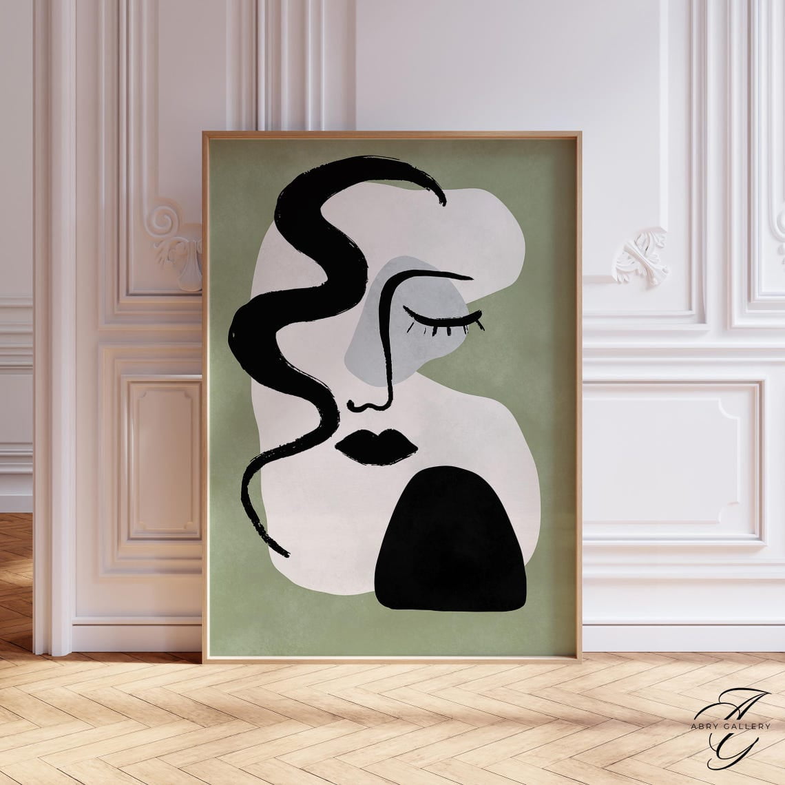 Minimalist Female Face Art Poster: Modern Green Black Line Drawing ...
