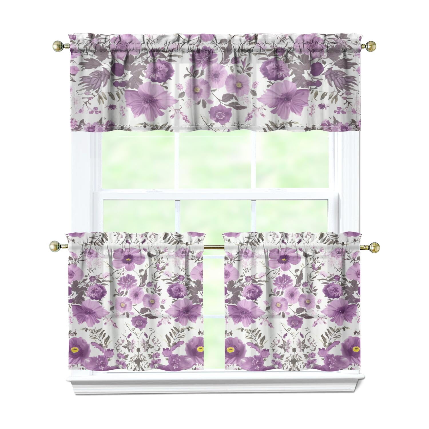 Minimalist Floral Kitchen Curtains Set - 3 PC with Valance for Small ...