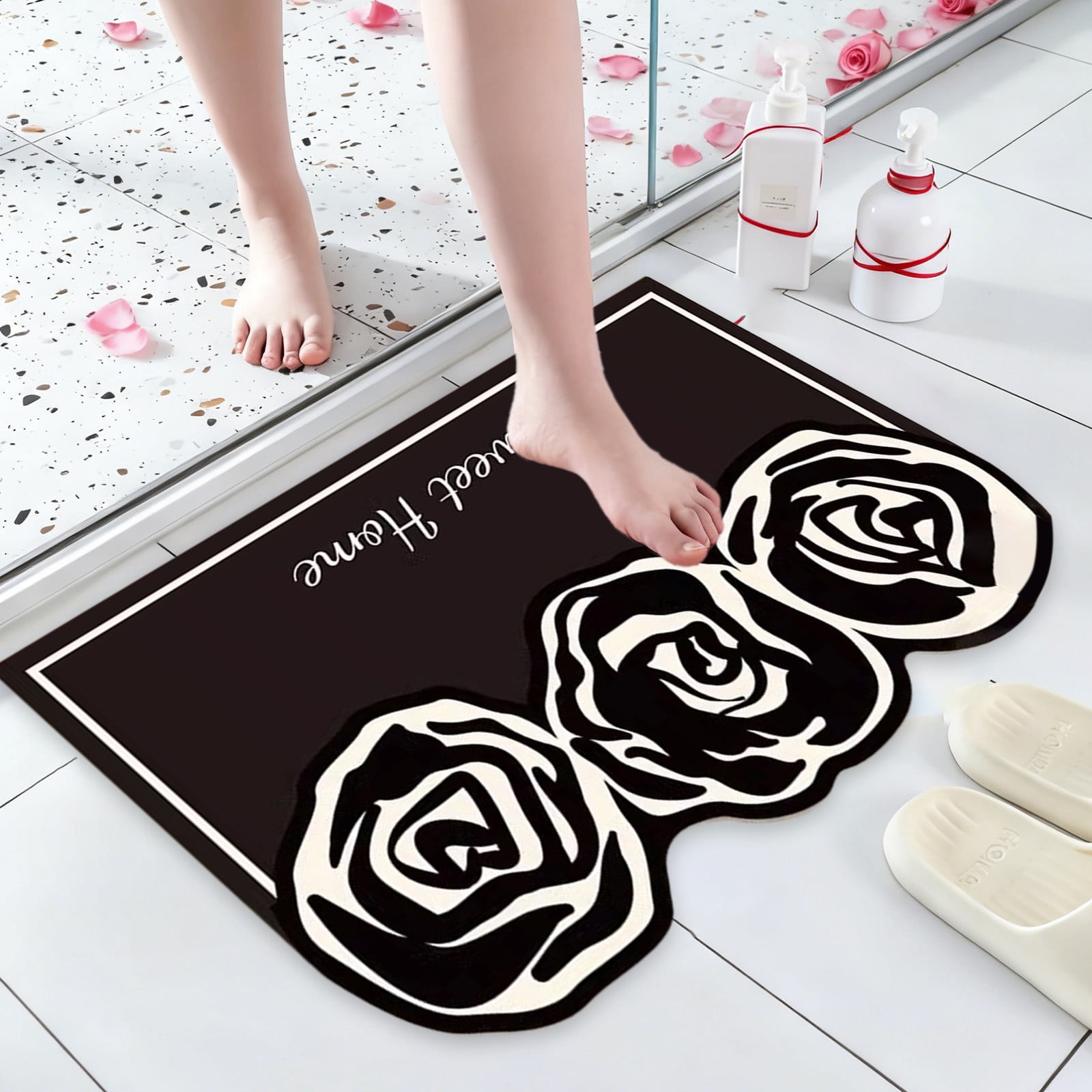 Minimalist Flower Rug, Modern Abstract Beige Black Lines Floral Rug For ...