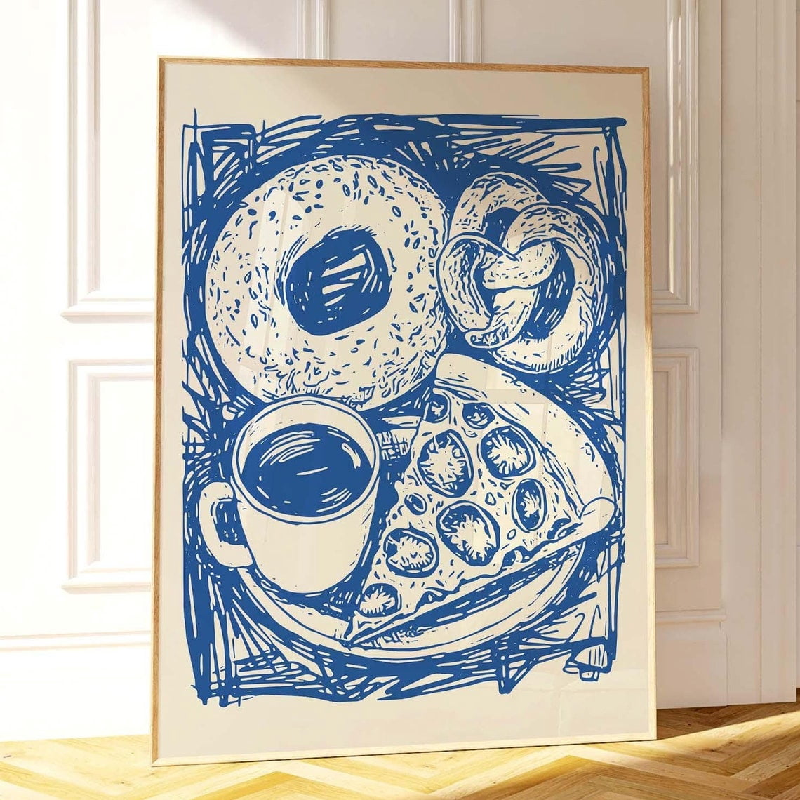 Minimalist Food Sketch Art Print, Blue, Bagel, Coffee, Slice Nyc Food ...