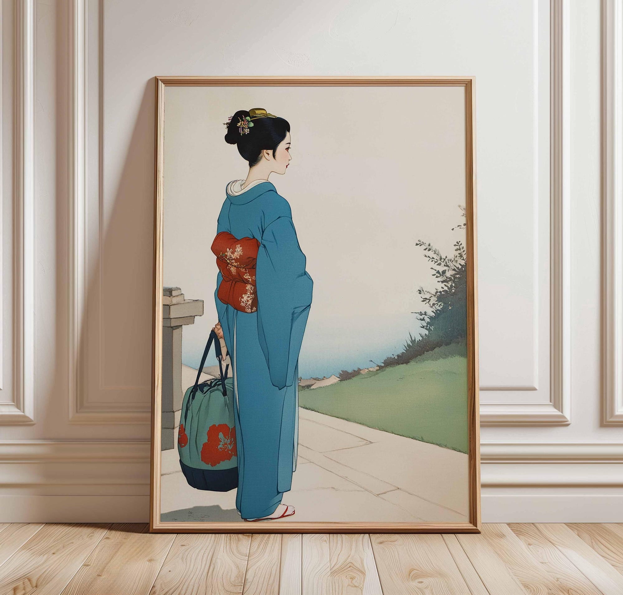 Minimalist Geisha Art Print Modern Ukiyoe Blue Kimono - Walmart.com