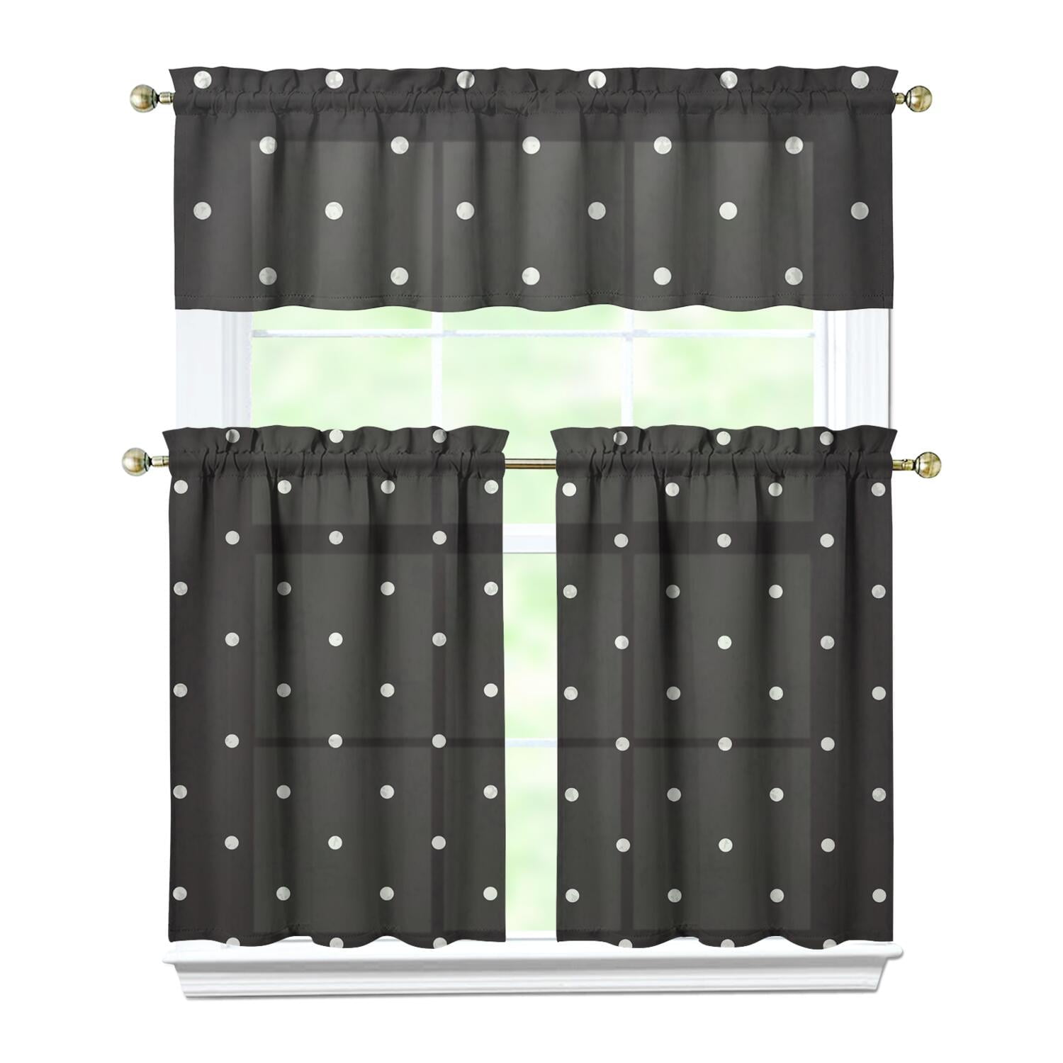 Minimalist Geometric Polka Dot Kitchen Curtains 3 PC Set - White Semi ...