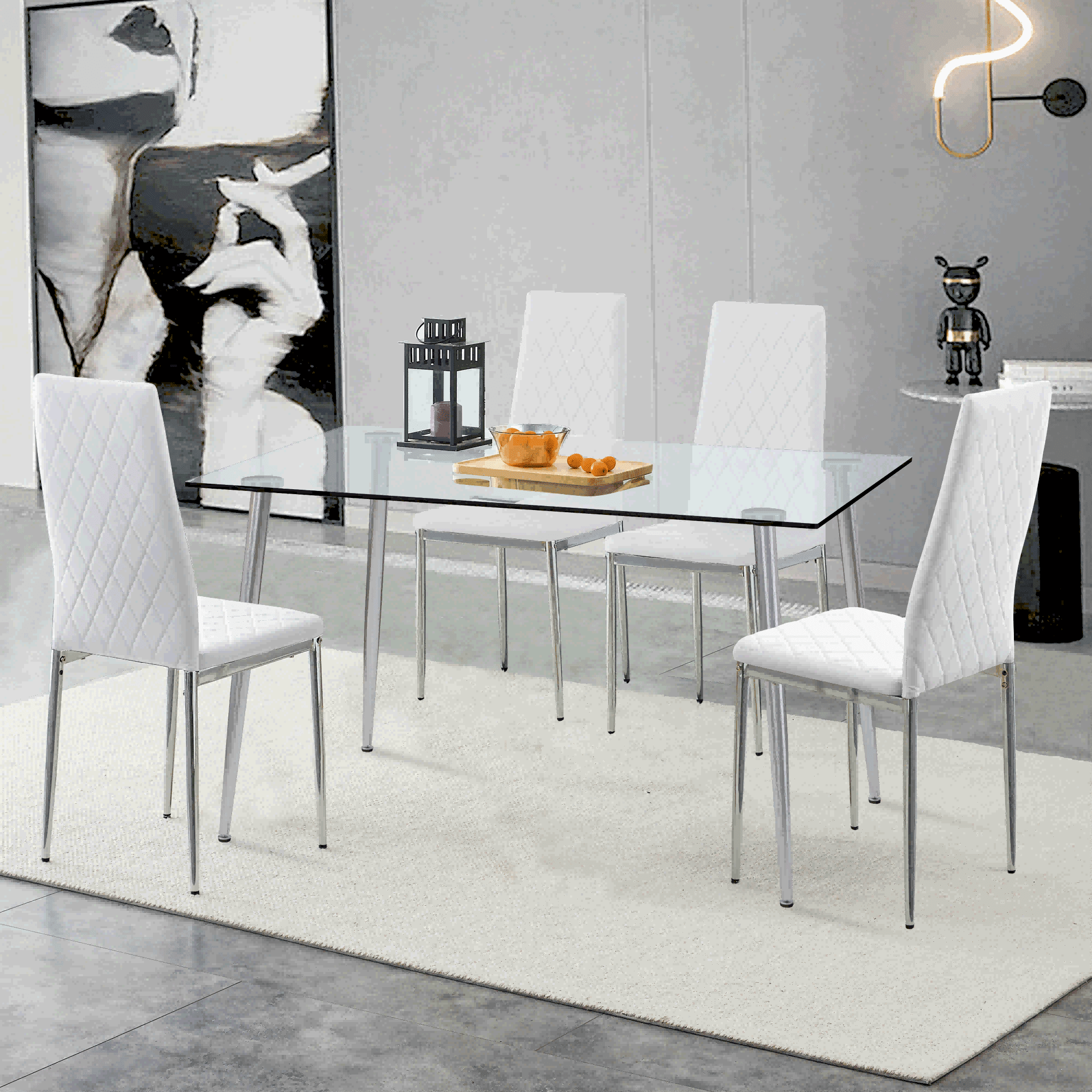 Minimalist Glass Dining Table Set for 4, 51in Smooth Clean Glass ...