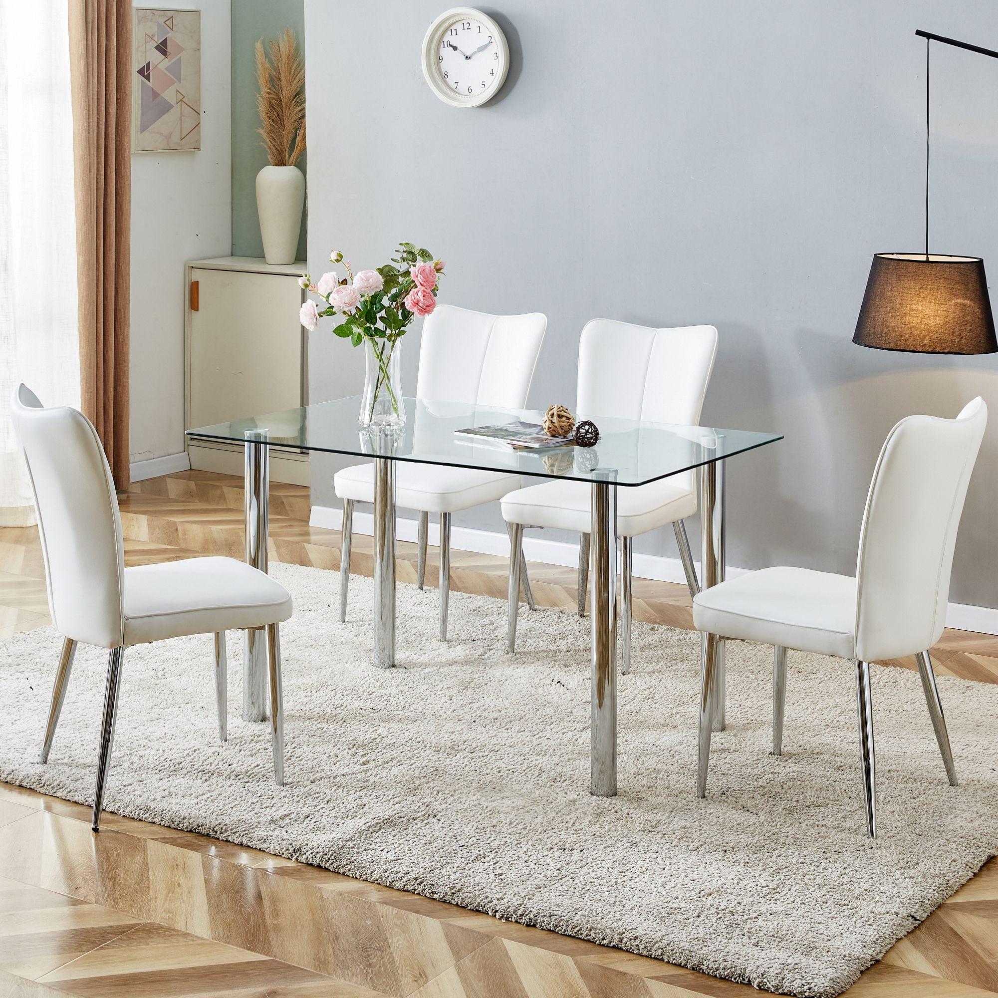 Minimalist Glass Dining Table Set for 4, 51in Smooth Clean Glass ...