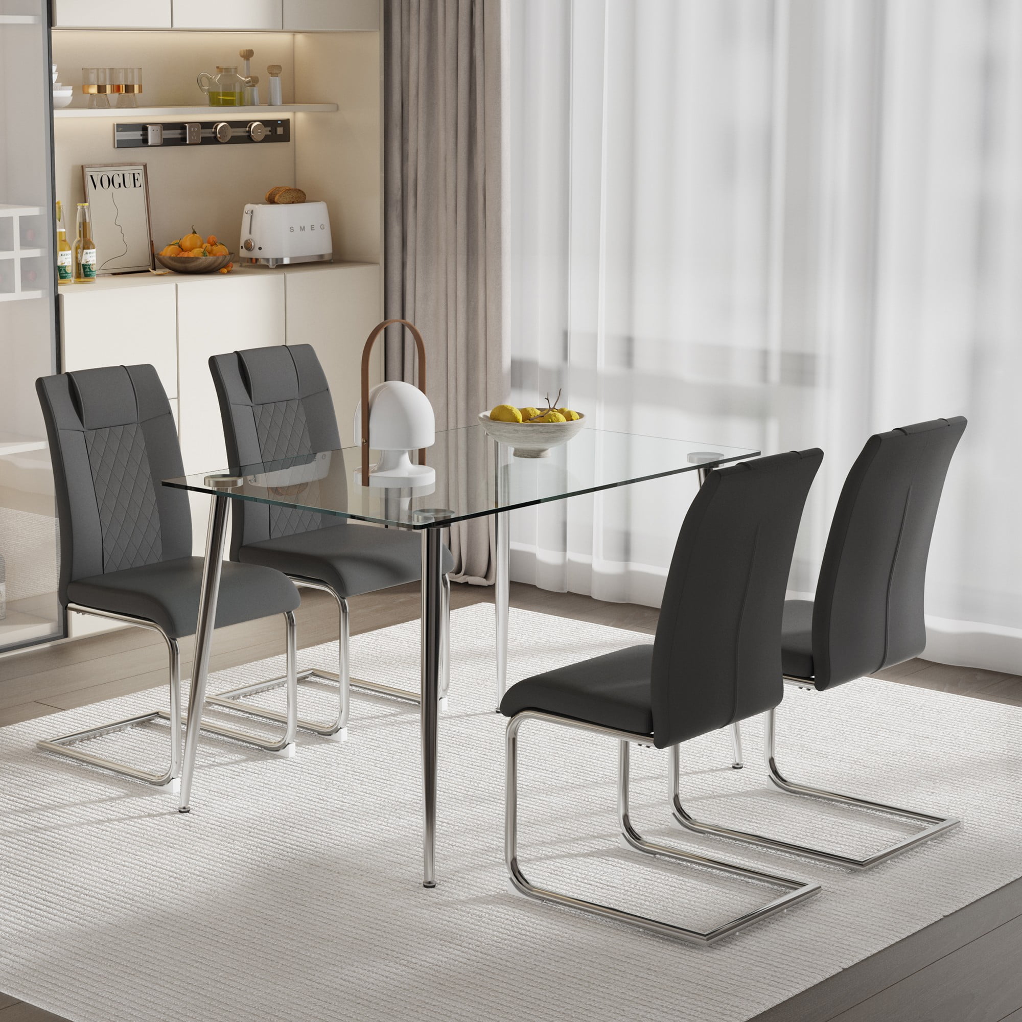 Minimalist Glass Dining Table Set, 51in Smooth Clean Glass Kitchen ...