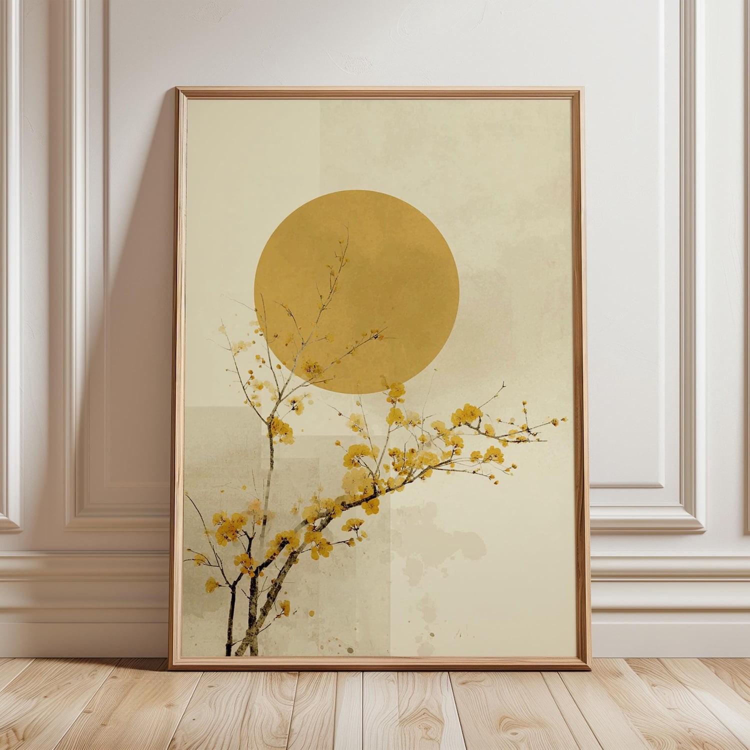 Minimalist Japanese Wall Art, Yellow Sun And Blossom Poster, Zen ...