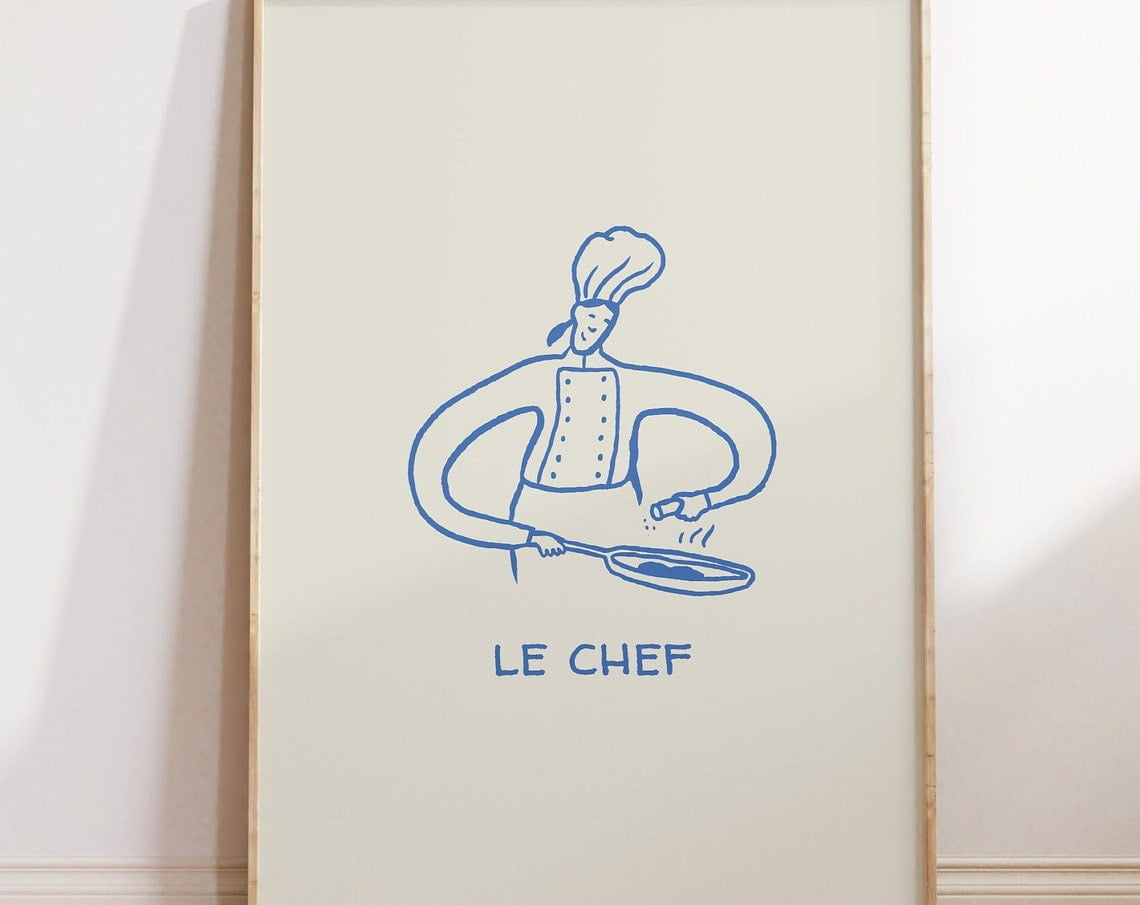 Minimalist Kitchen Decor Blue Chef Art Print Cute Cooking Poster ...