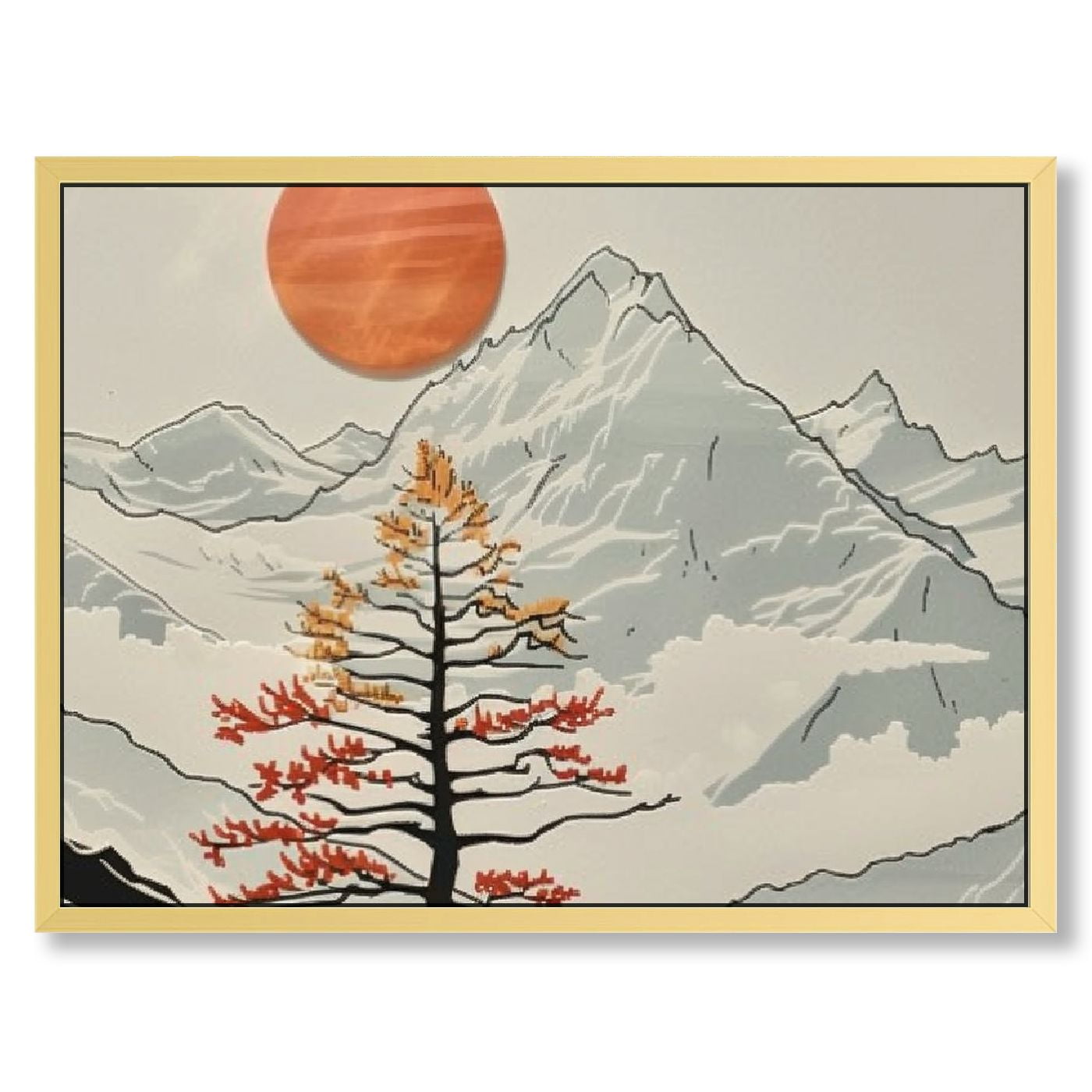 Minimalist Landscape Art Black Line Picture Red Sun Wall Art Boho ...
