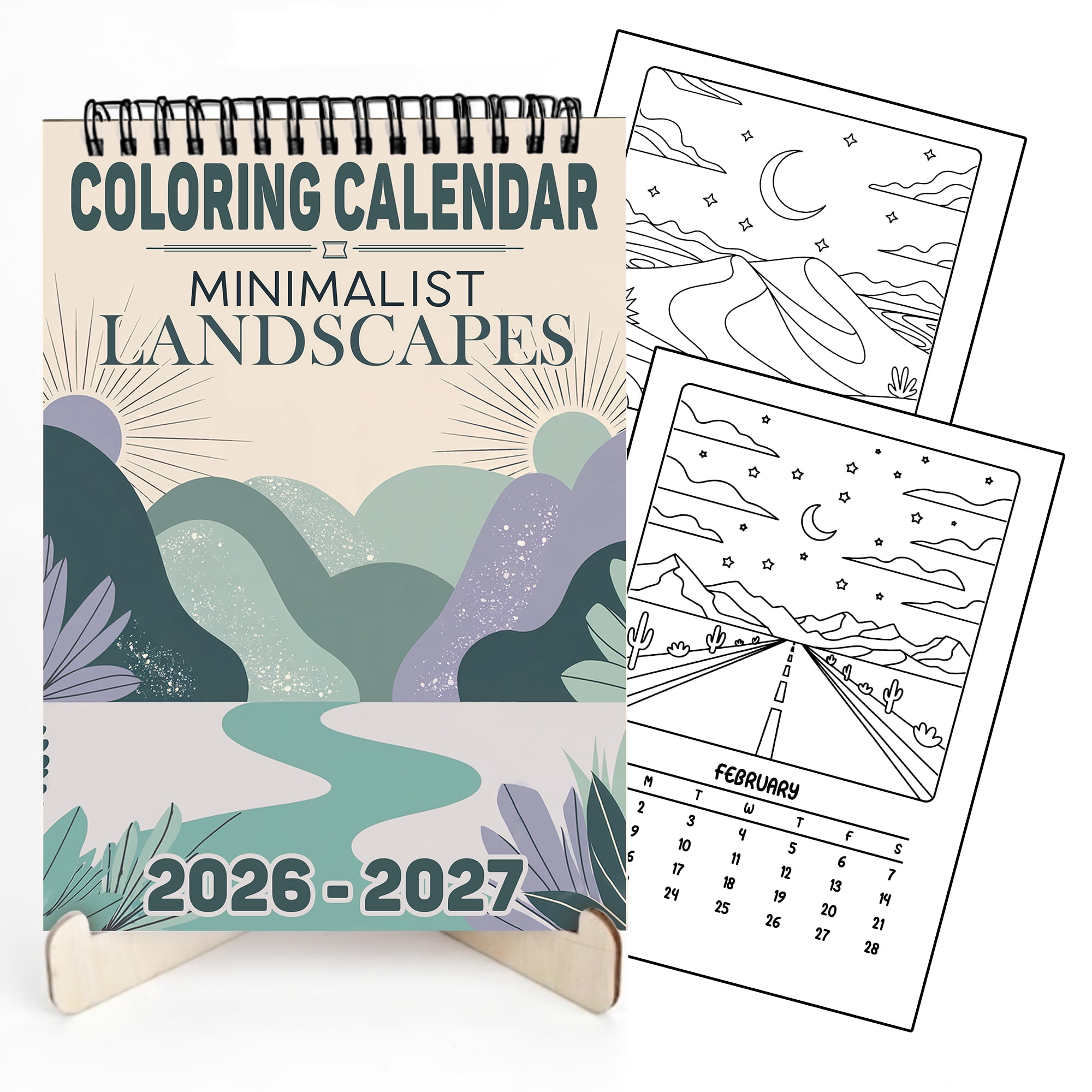 Minimalist Landscapes Coloring Desk Calendar 2026–2027, A5 Wooden Cover ...