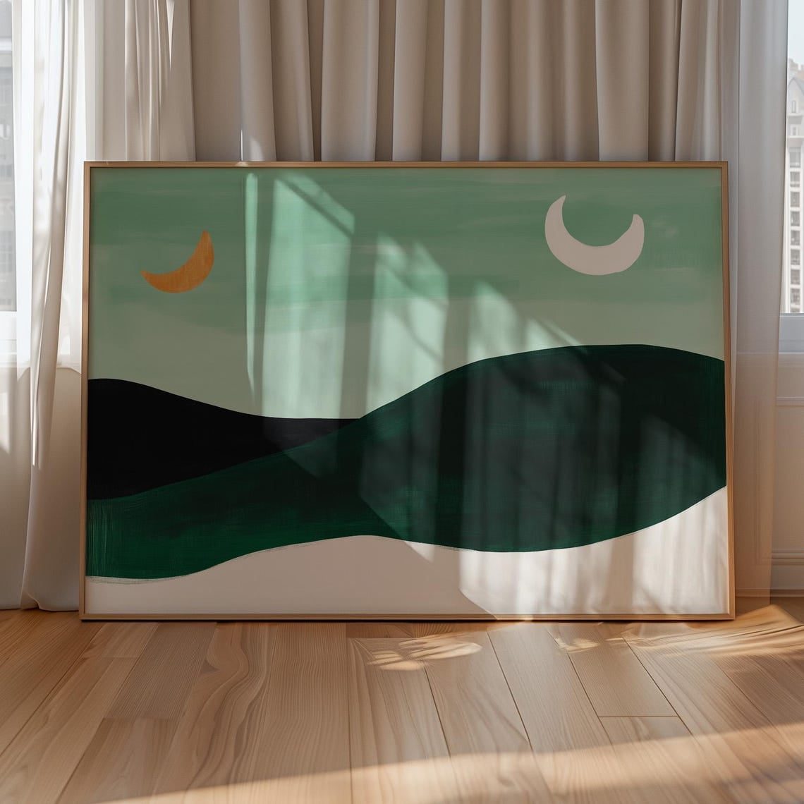 Minimalist Landscapetwin Crescent Moons Over Green Hills, Abstract ...