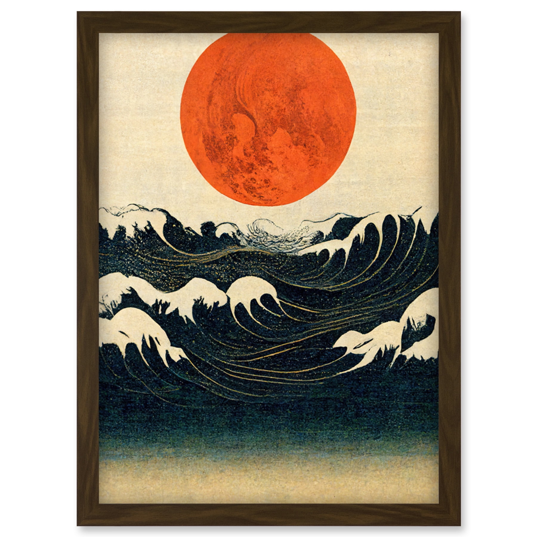 Minimalist Large Orange Moon Over Ocean Waves Ukiyo-e Style Artwork ...