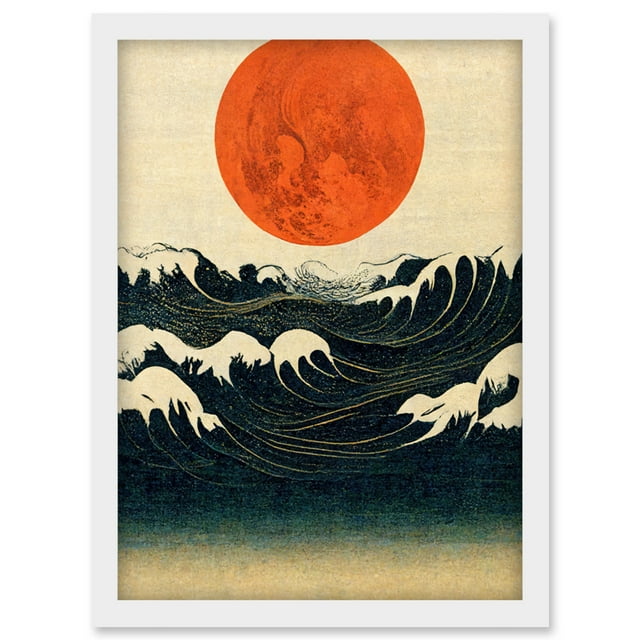 Minimalist Large Orange Moon Over Ocean Waves Ukiyo-e Style Artwork ...
