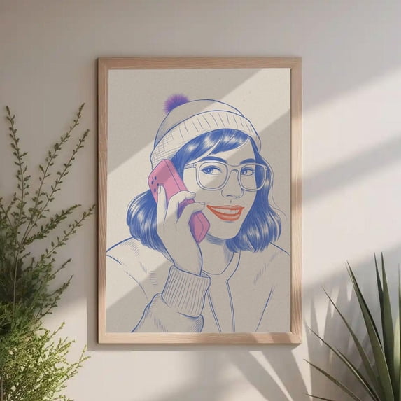 Minimalist Line Art Portrait Poster: Modern Girl With Phone, Unframed ...