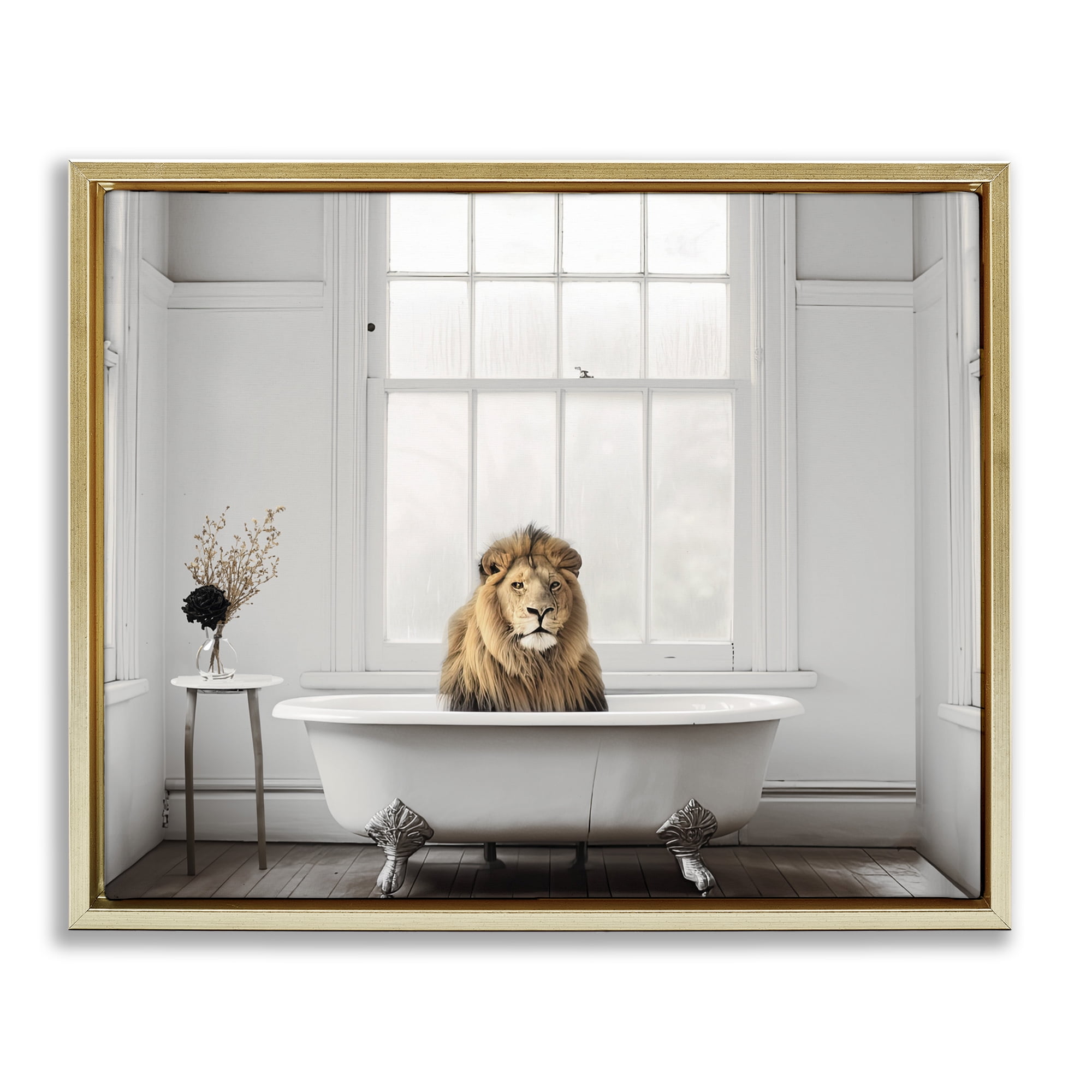 Minimalist Lion Bathtime Gold Framed Floater Canvas Wall Art, design by ...