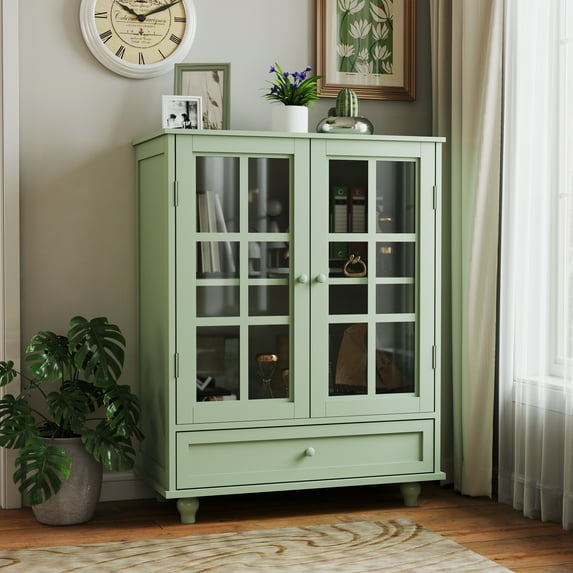 Minimalist Mint Green Buffet Cabinet with Double Glass Doors and Drawer ...