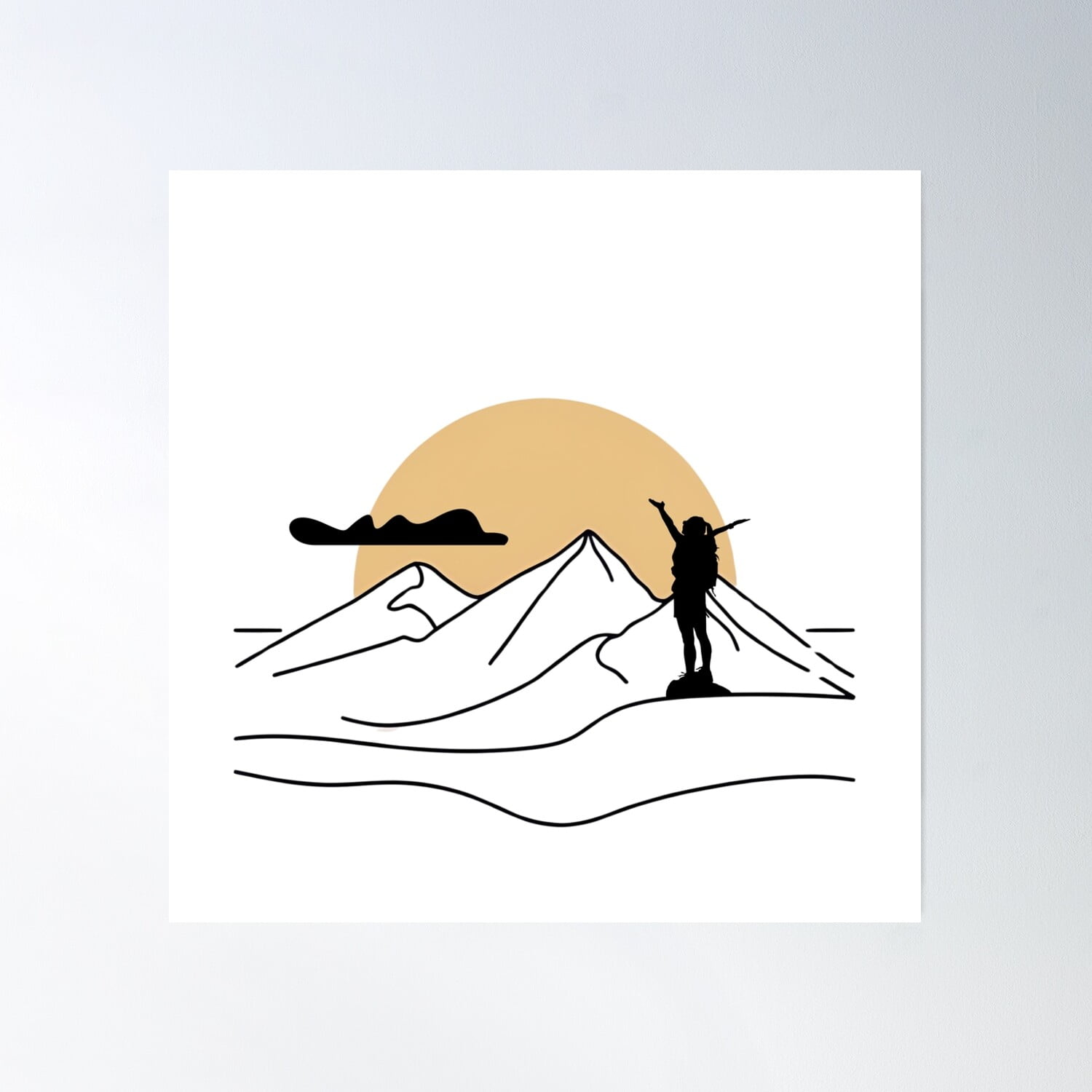 Minimalist Mountain Line Art With Hiker Silhouette And Rising Sun ...