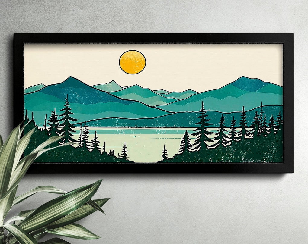 Minimalist Mountain Panorama Woodcut Mountain Lake Calm Landscape Blue ...