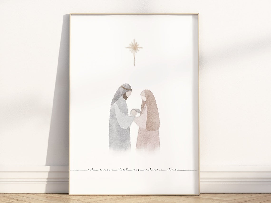 Minimalist Nativity Scene Bible Verse Wall Art, Oh Come Let Us Adore ...